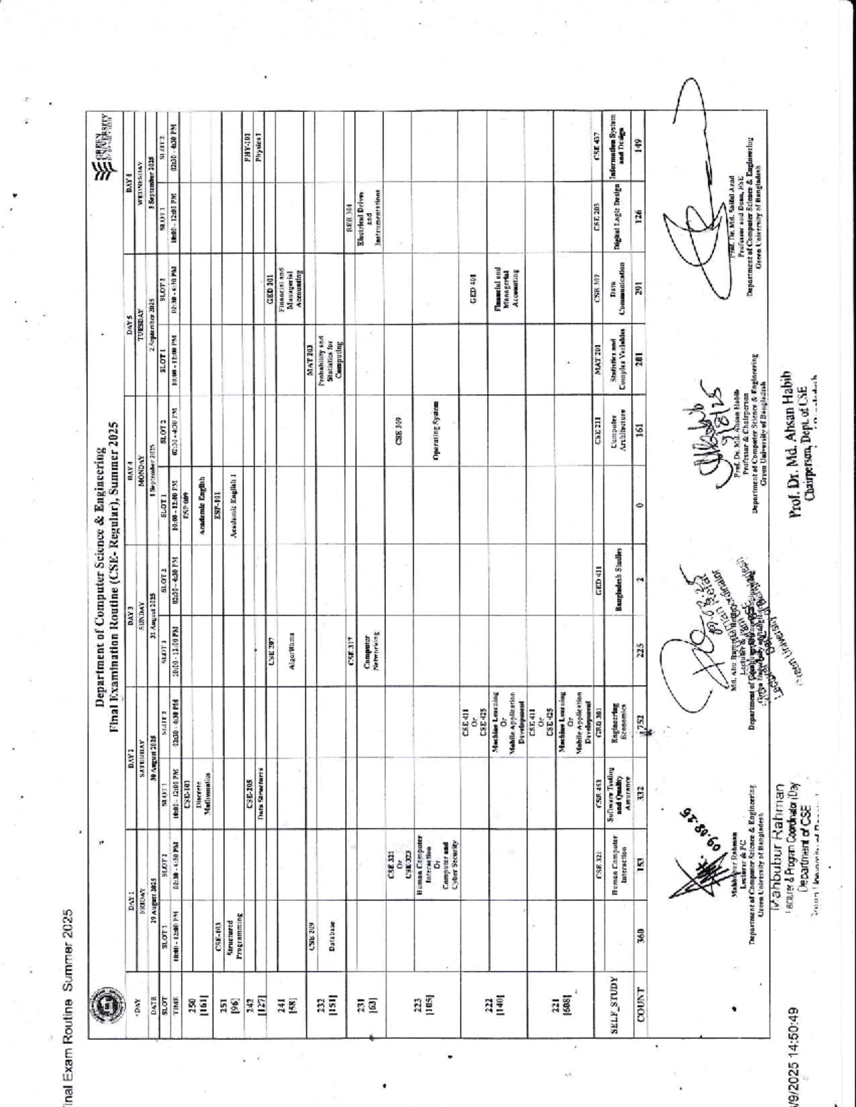 Final Exam Schedule for CSE Regular Summer 2025 - Studocu