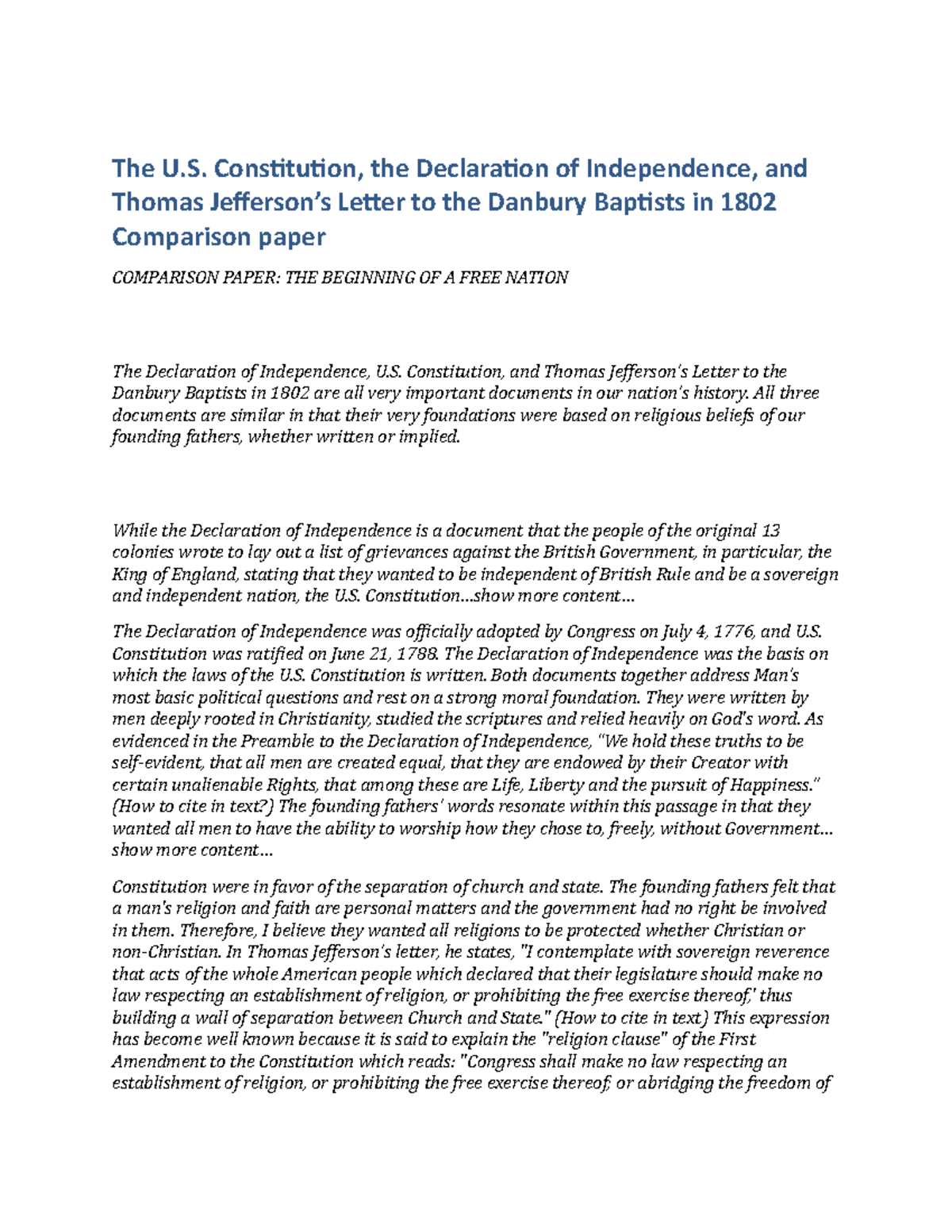 Comparison of the U.S. Constitution, Declaration of Independence ...