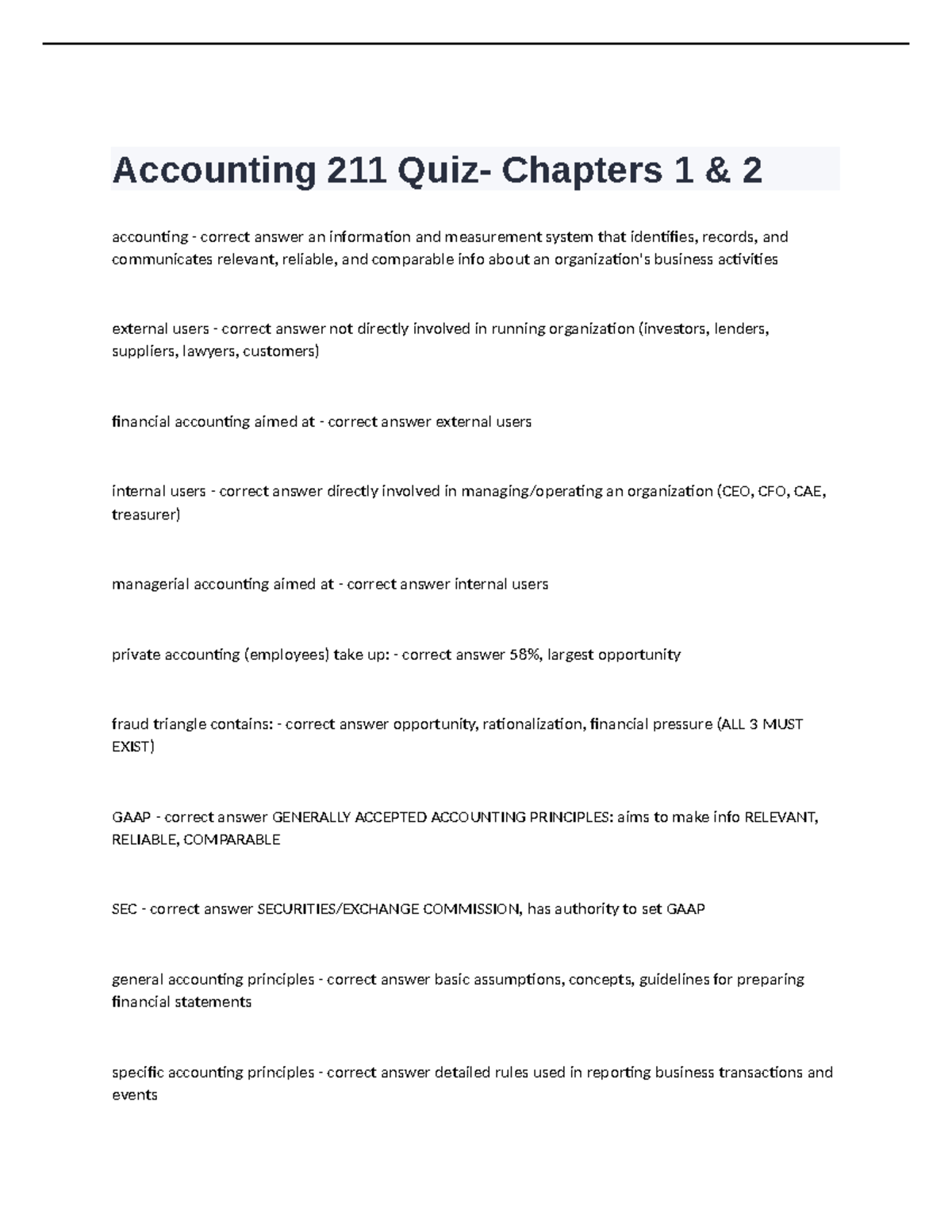 ACCT 211 Quiz - Practice Material for Chapters 1 & 2 Review 2025 - Studocu