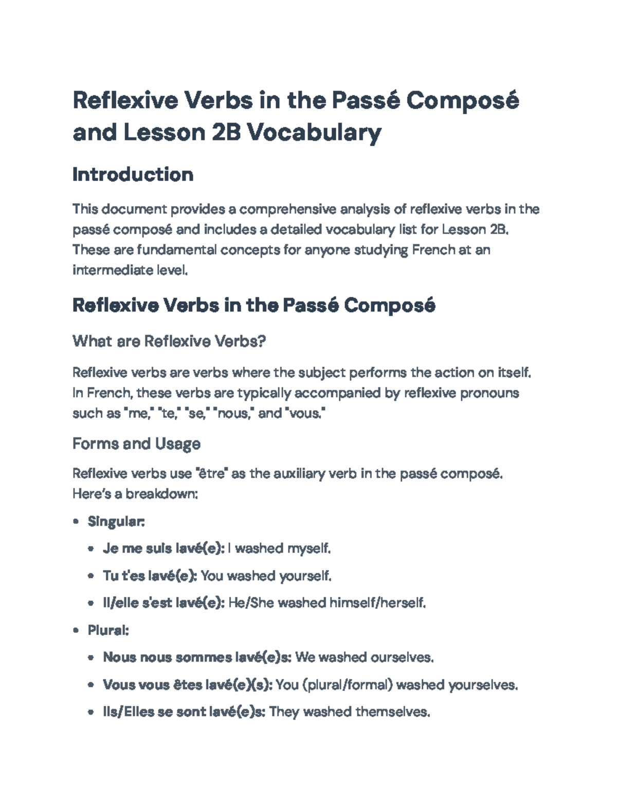Reflexive Verbs in French Passé Composé and Lesson 2B Vocabulary ...