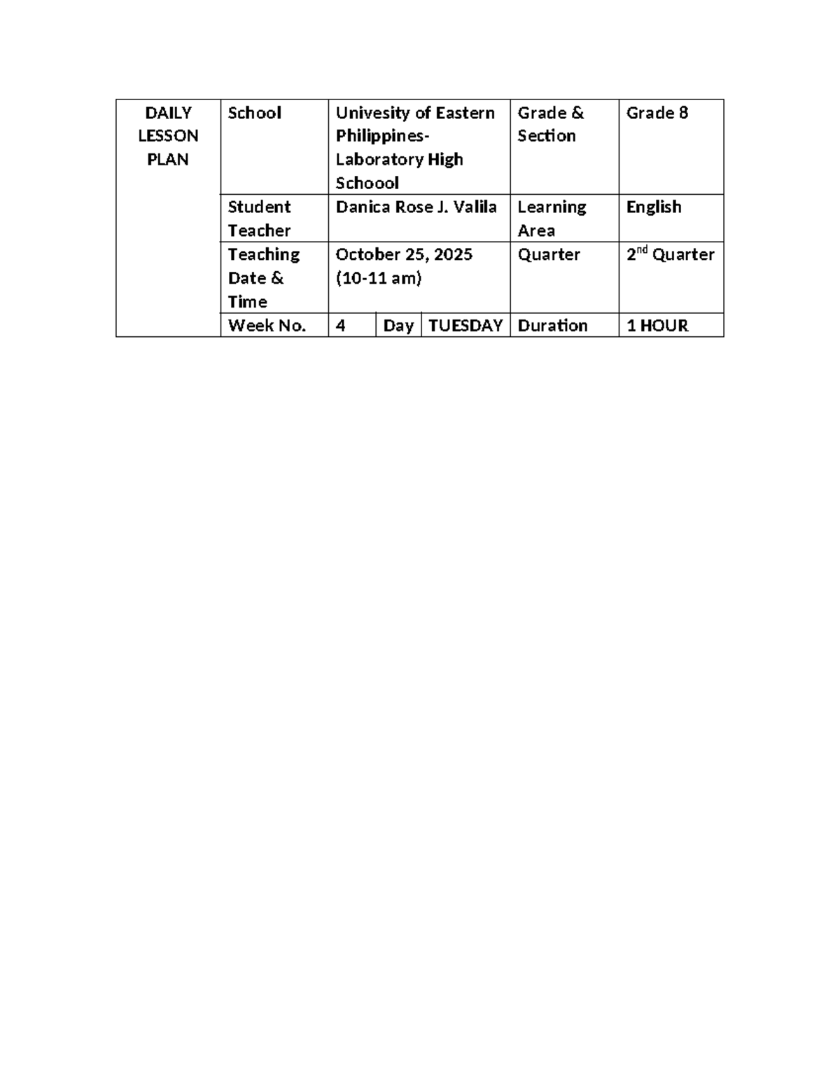 DAILY LESSON PLAN: Identifying Text Purposes in English 8 (2nd Quarter ...