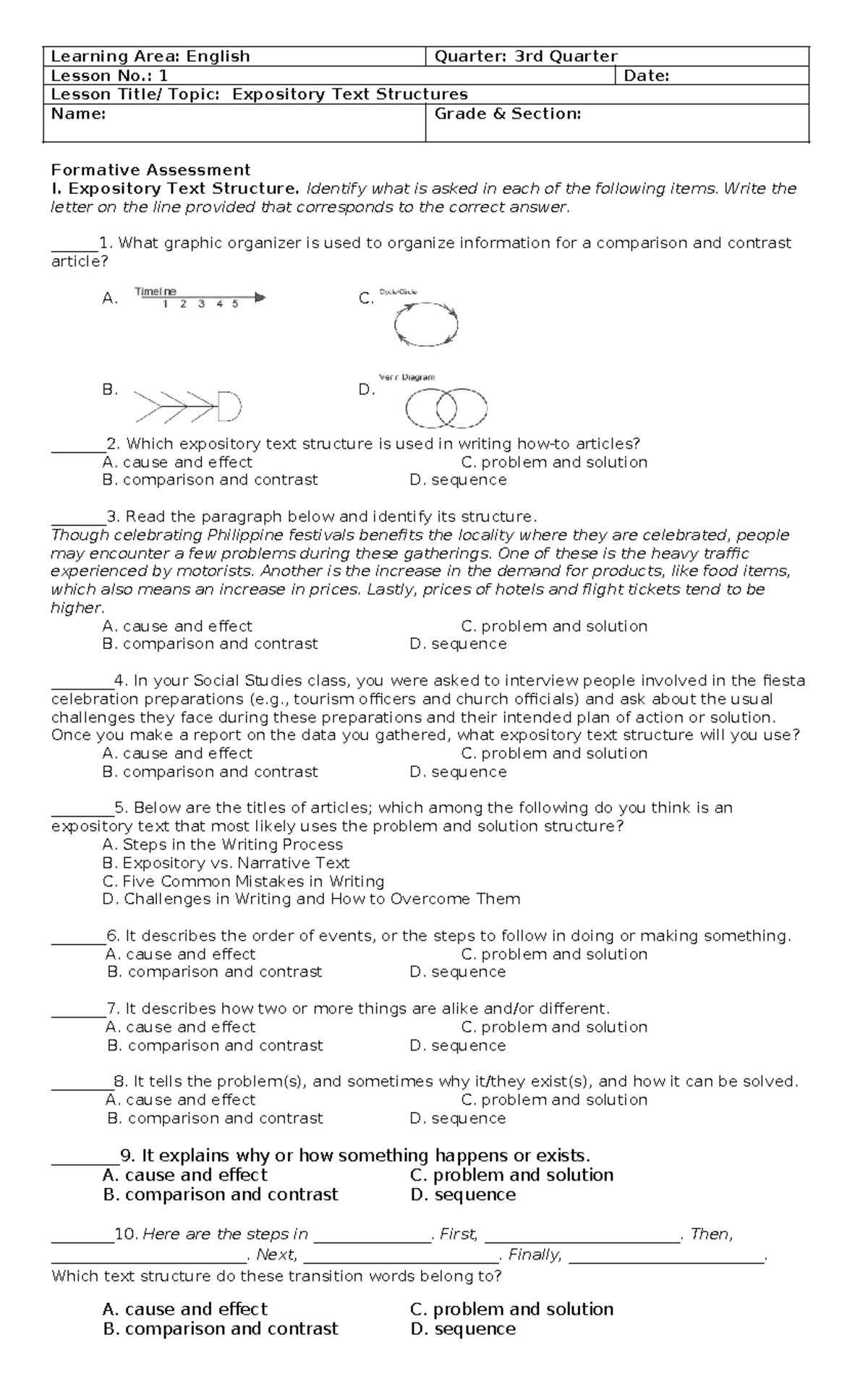 3Q ENG Quiz 1: Expository Text Structures Assessment - Studocu