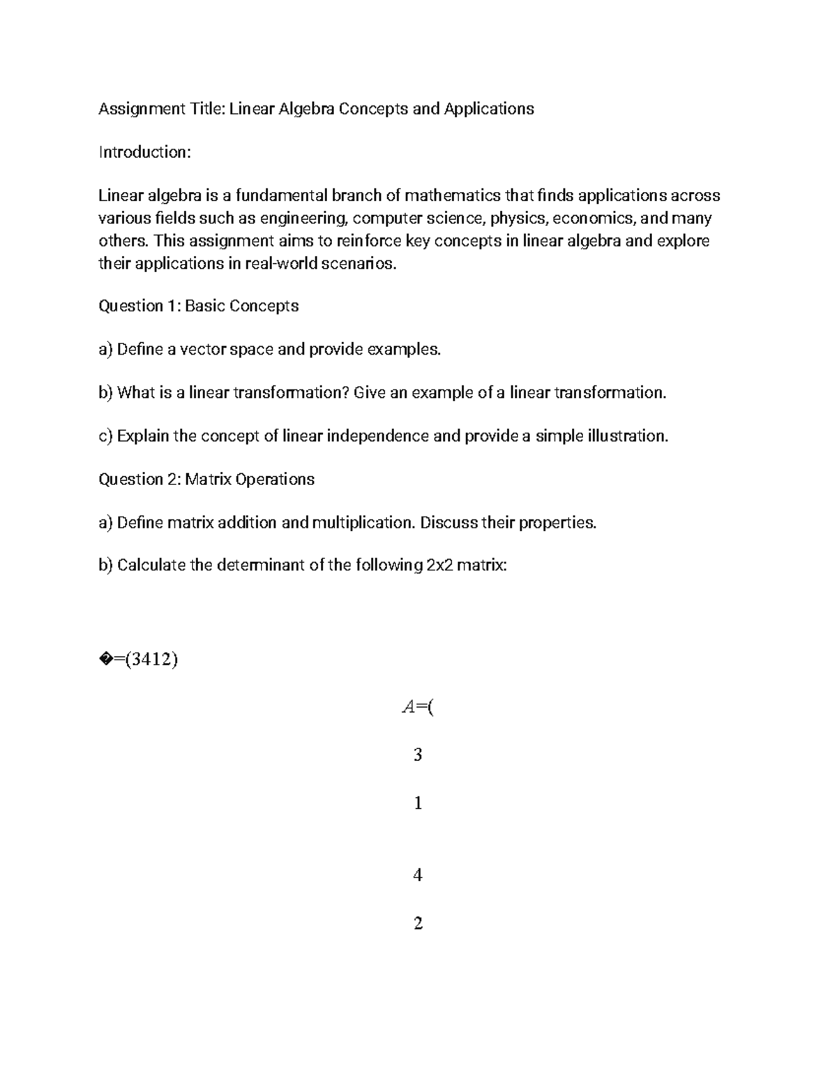 Linear Algebra Concepts Assignment (MATH 101) - Studocu