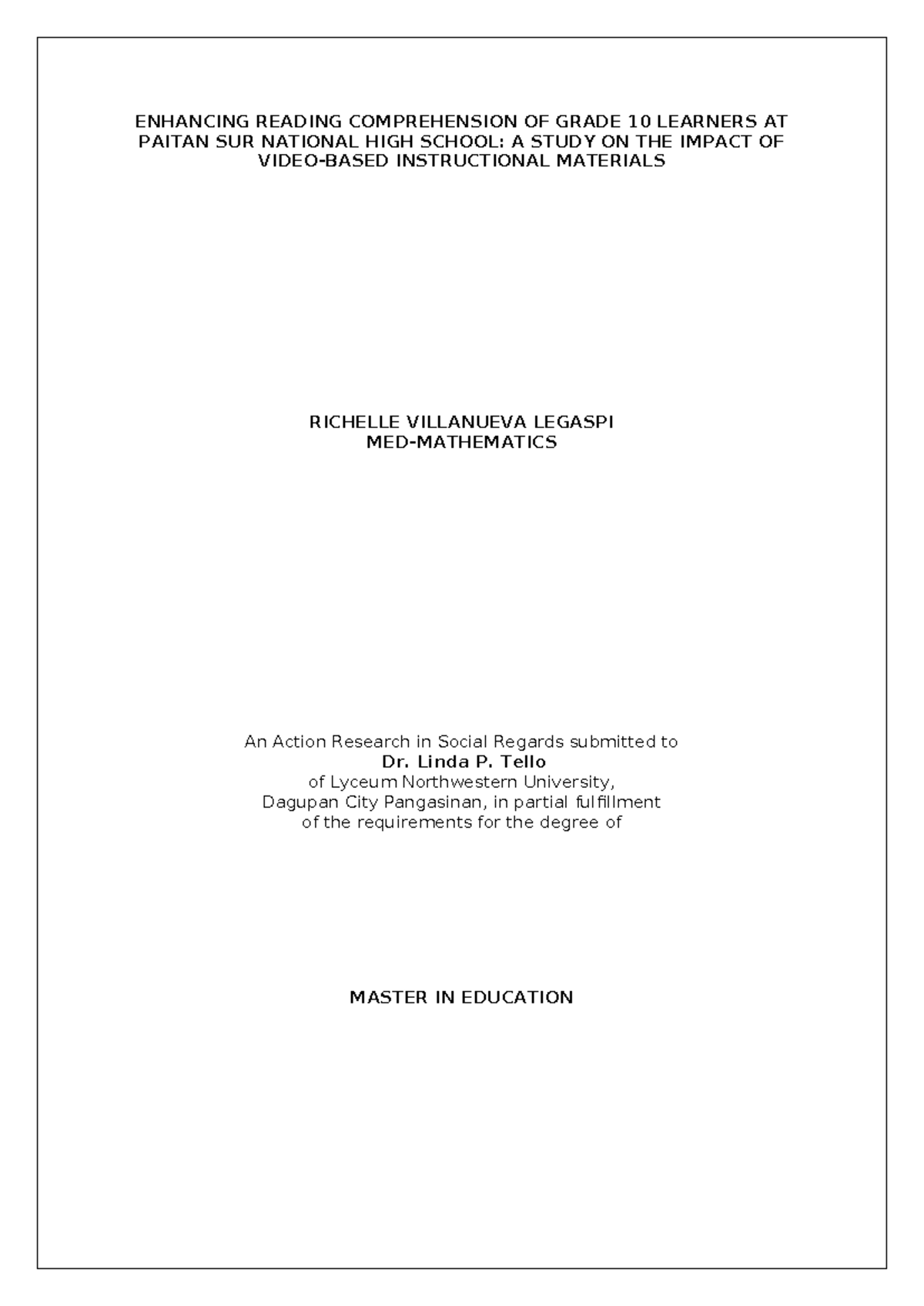 The Impact of Video-Based Instructional Materials on Grade 10 Reading ...
