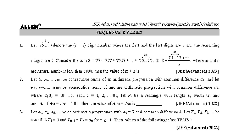 JEE Advanced Mathematics 10 Years Topicwise Questions on Sequence ...