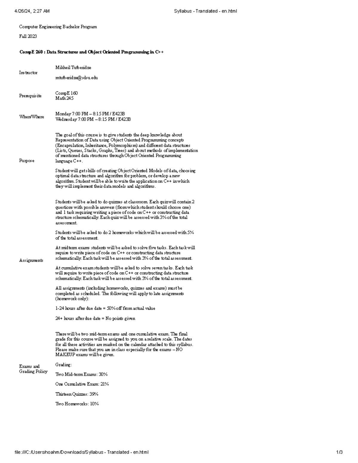 CompE 260 Syllabus: Data Structures & OOP in C++ - Fall 2023 - Studocu