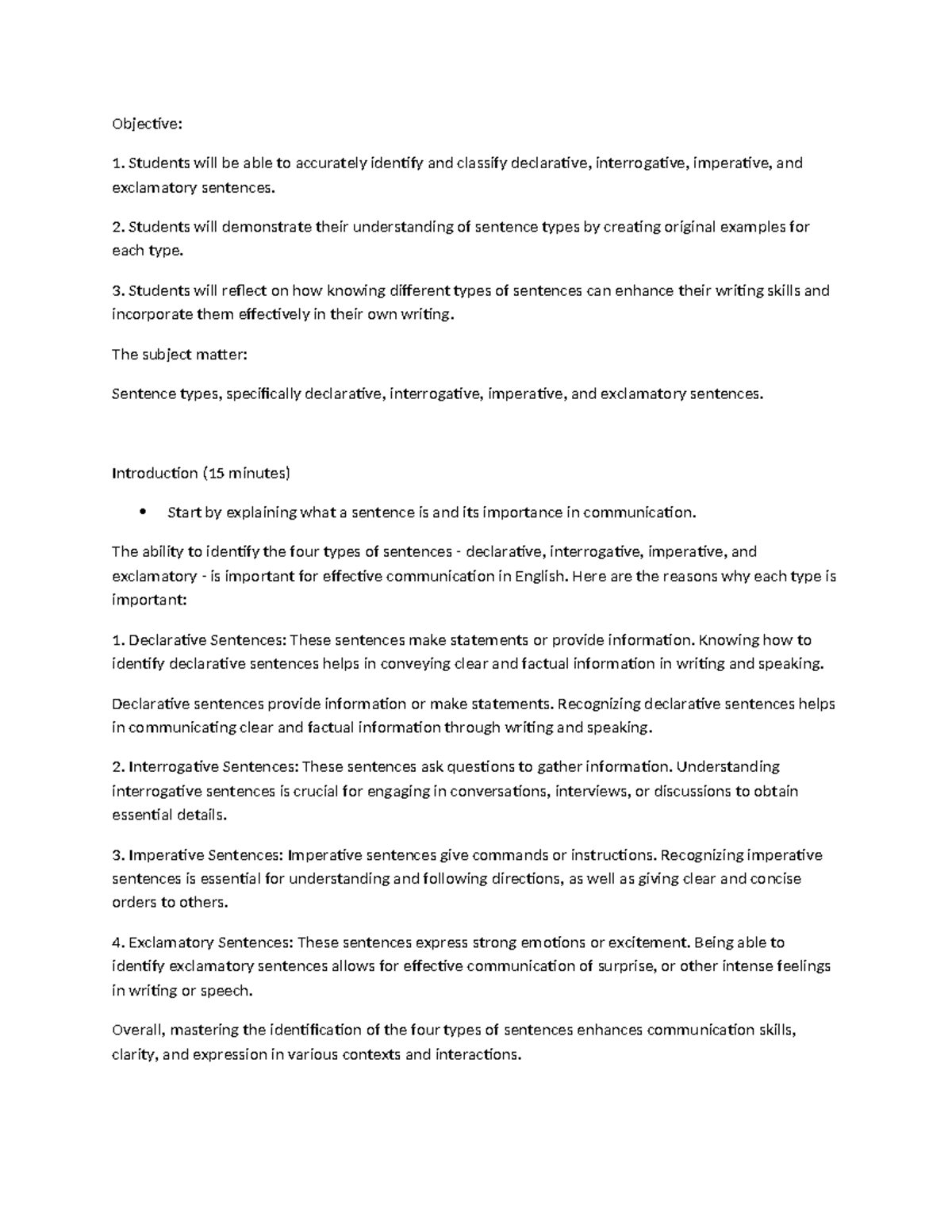 Lesson Plan: Understanding Four Sentence Types (ENG 101) - Studocu