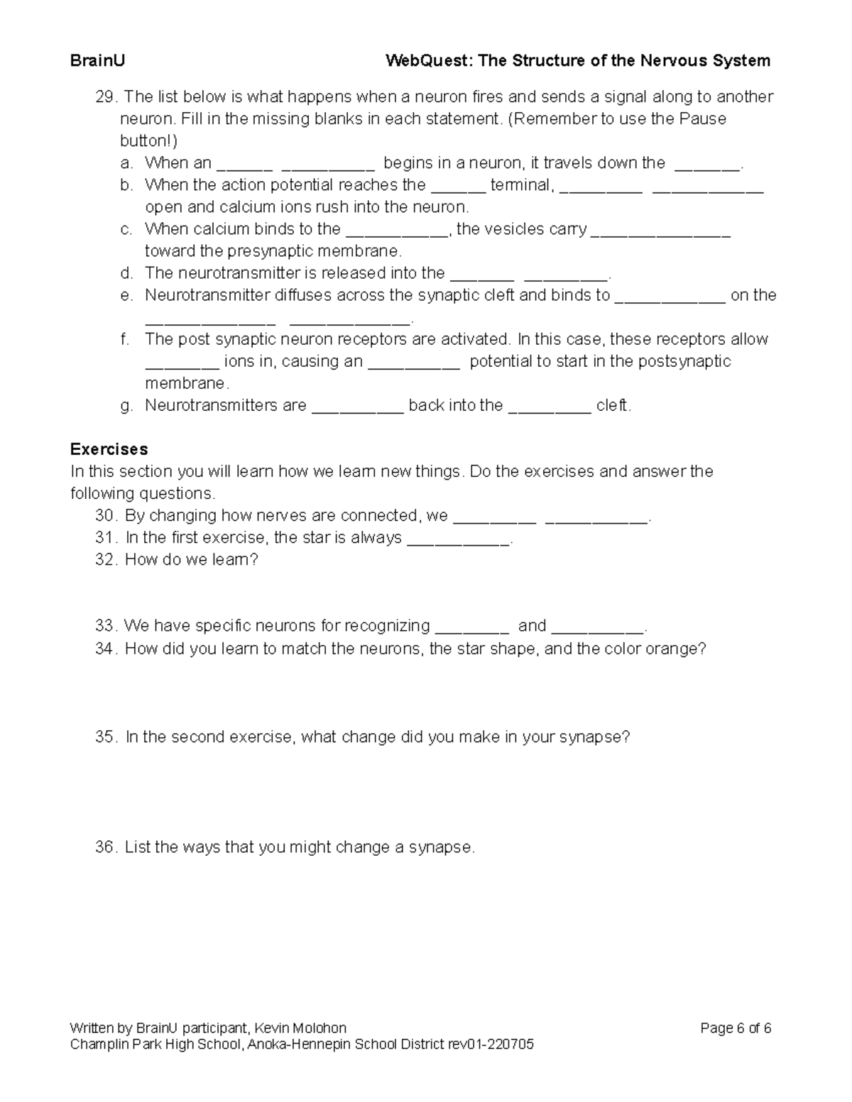 BrainU WebQuest: Neuron Firing & Synaptic Transmission 29 - Studocu