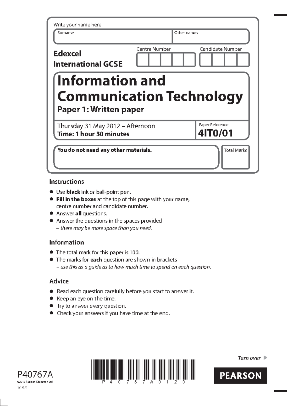 Edexcel International GCSE ICT Paper 1: Question Paper - June 2012 ...