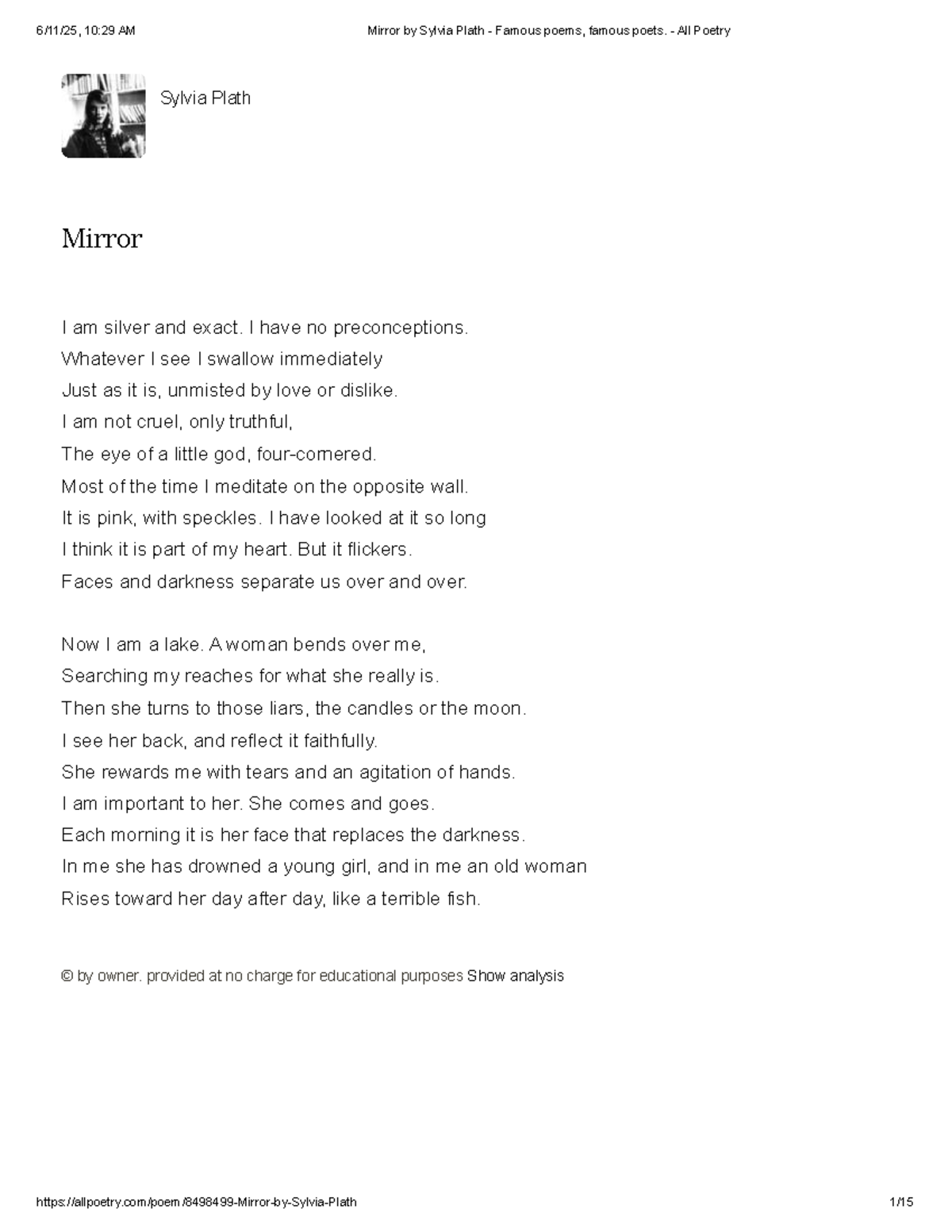 Mirror Analysis: Sylvia Plath's Poem Insights - Studocu