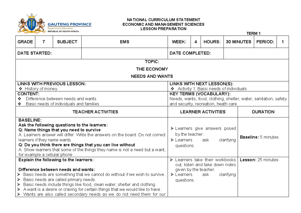 NATIONAL CURRICULUM EMS GRADE 7 LESSON PLAN: NEEDS & WANTS - Studocu
