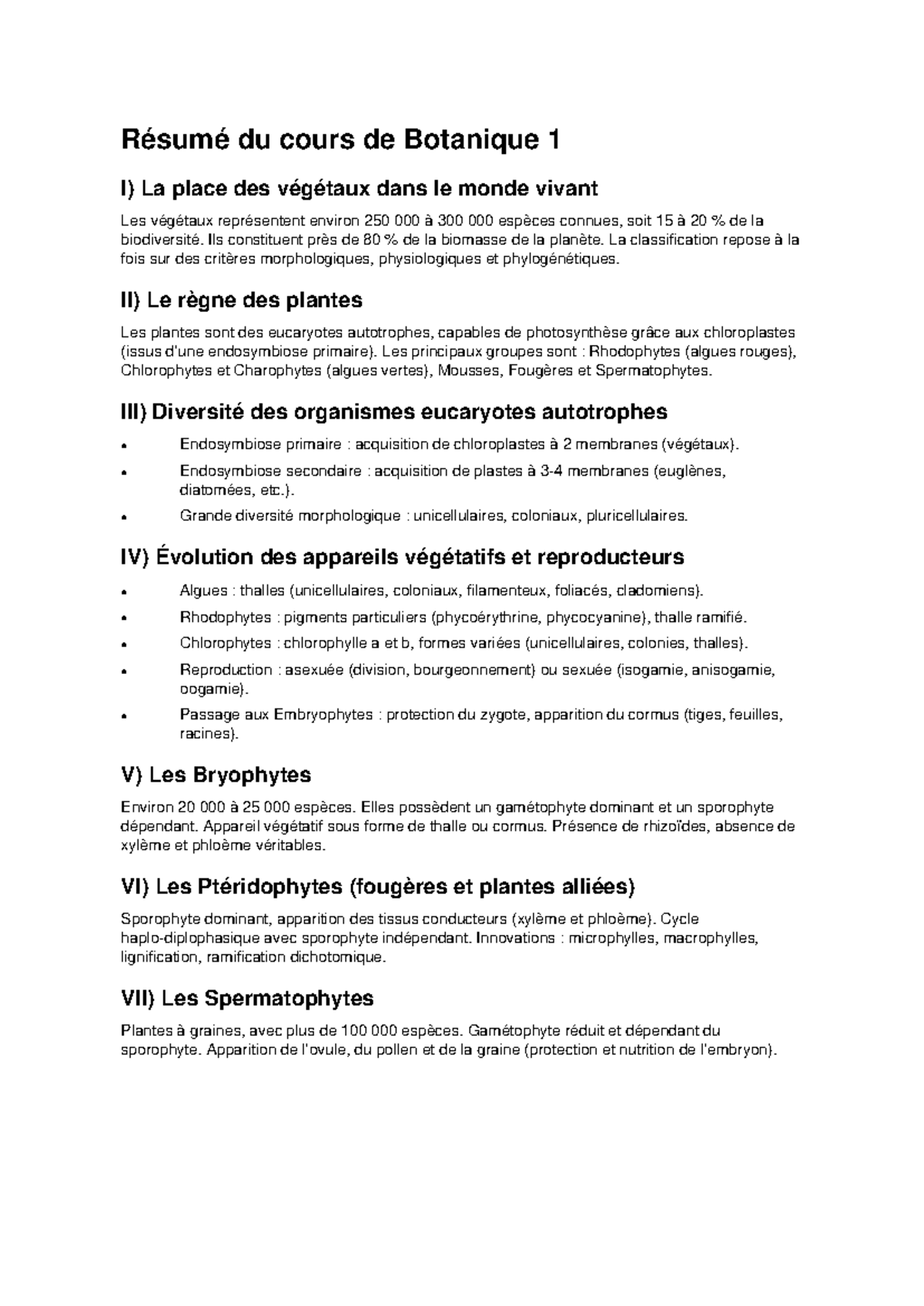 Résumé du cours de Botanique 1 - Concepts clés et classifications - Studocu