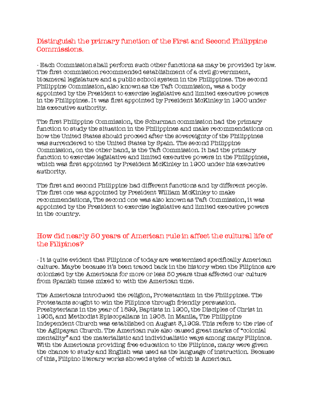 The First and Second Philippine Commissions - Each Commission shall ...