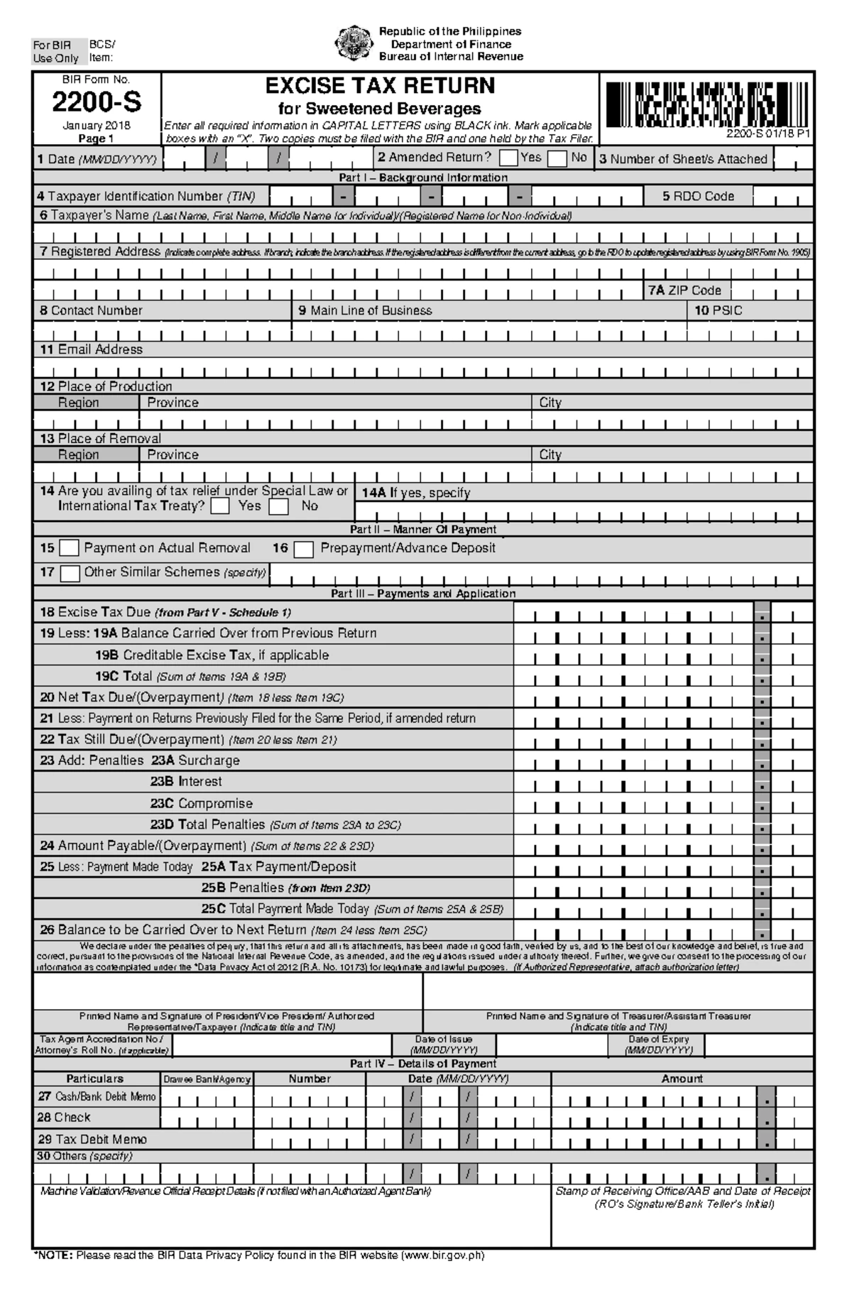 BIR Form No. EXCISE TAX RETURN for Mineral Products - Jan 2018 - Studocu