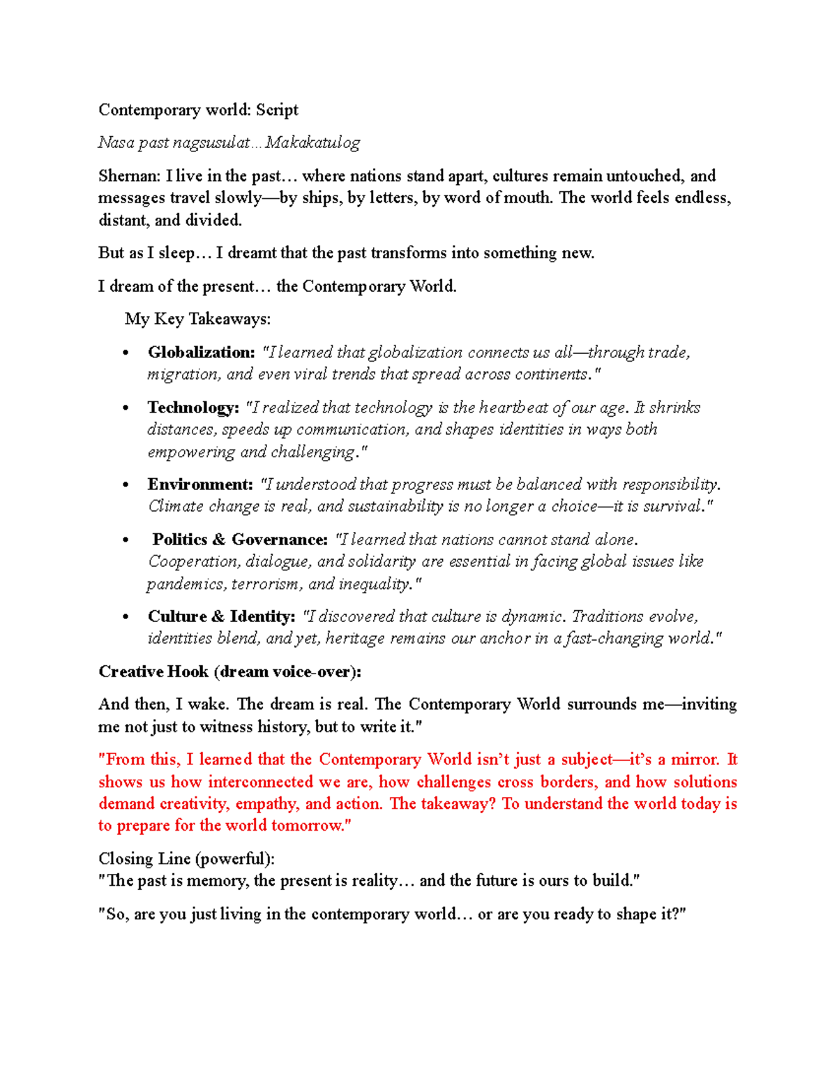 Contemporary World Insights: Key Takeaways from PETA Script - Studocu