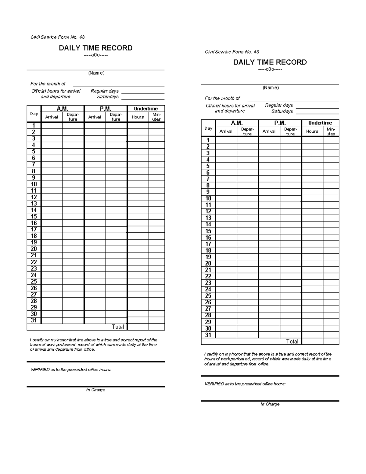 Daily Time Record (DTR) - Civil Service Form No. 48 Template - Studocu