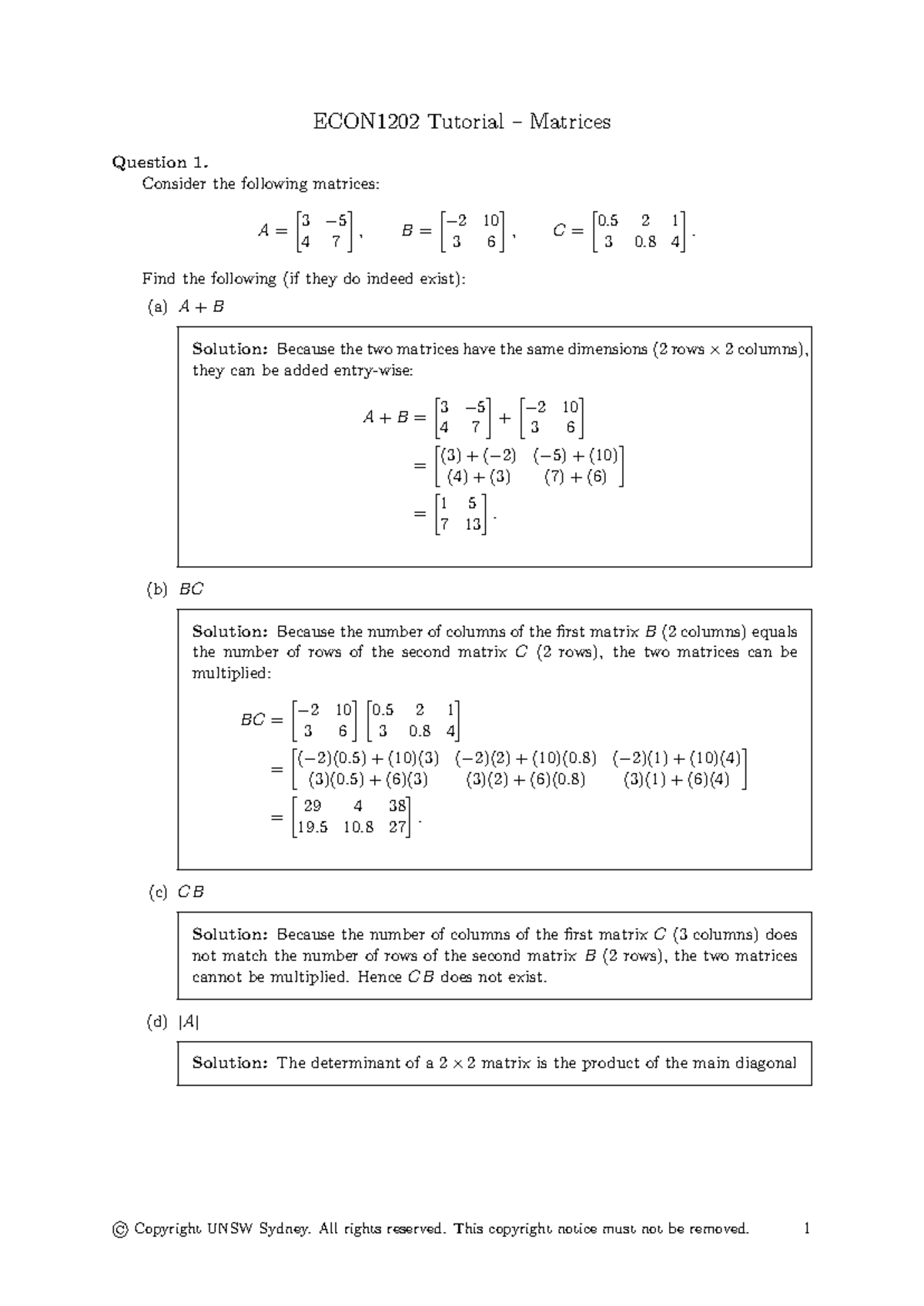 ECON1202 Tutorial 2 Solutions on Matrices and Inverses - Studocu