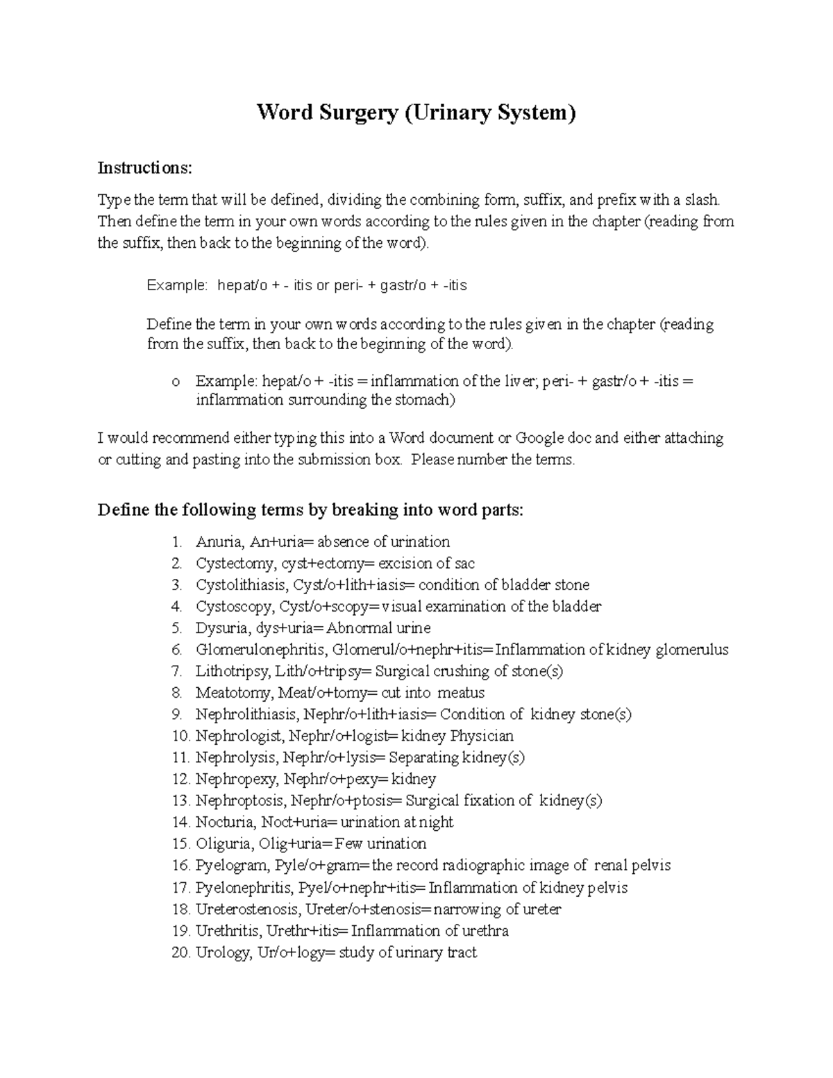 Word Surgery Definitions: Urinary System Terms - Studocu