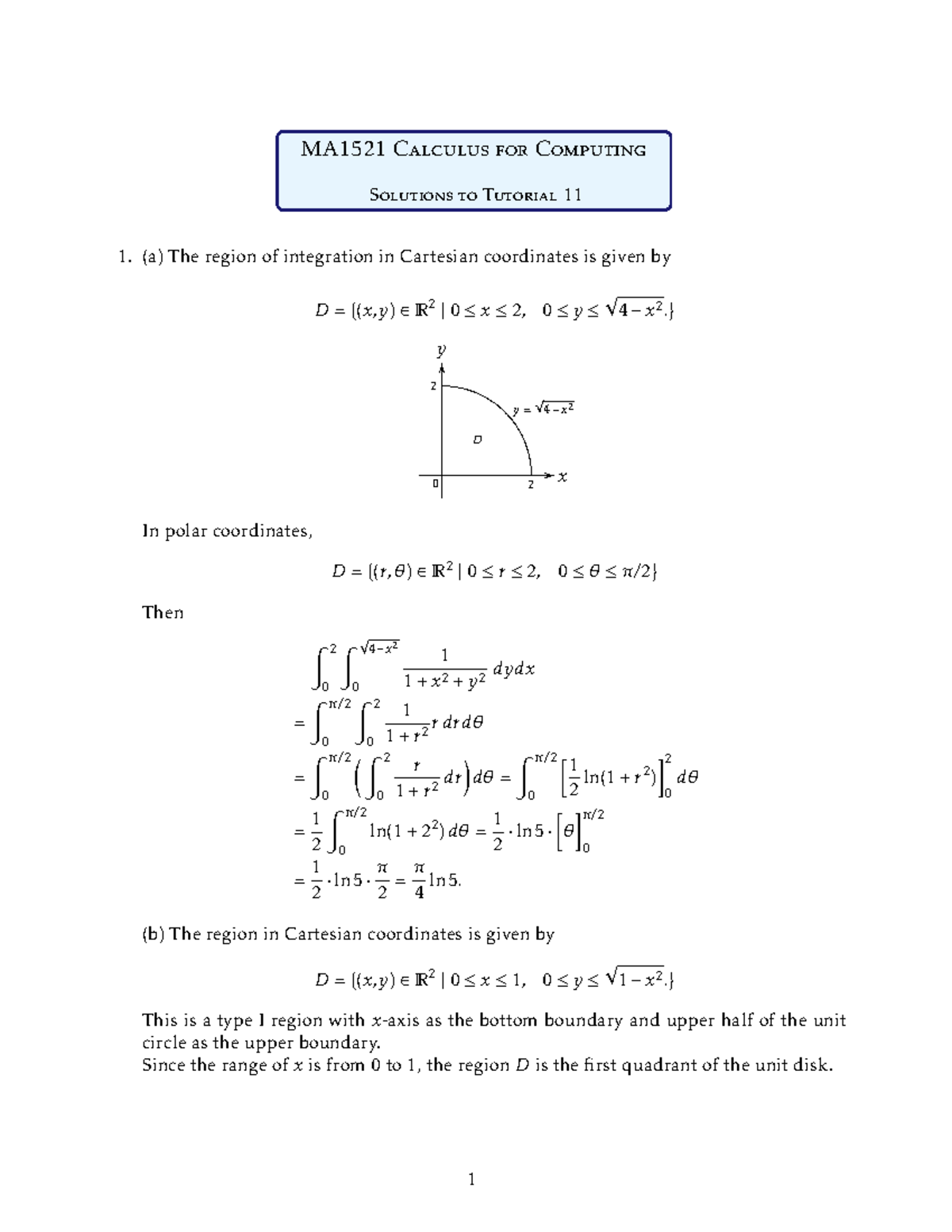 MA1521 Calculus for Computing Solutions: Tutorial 11 Solutions - Studocu