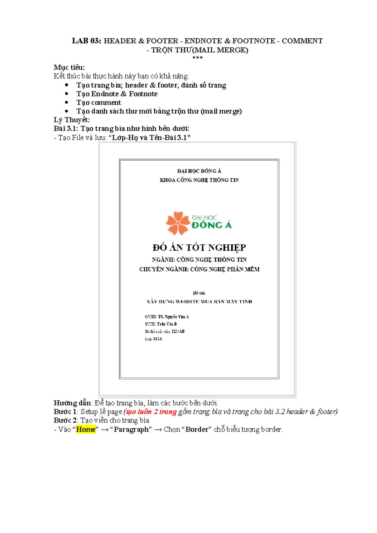 LAB 03 - Hướng Dẫn Tạo Header, Footer, Endnote và Trộn Thư - Studocu
