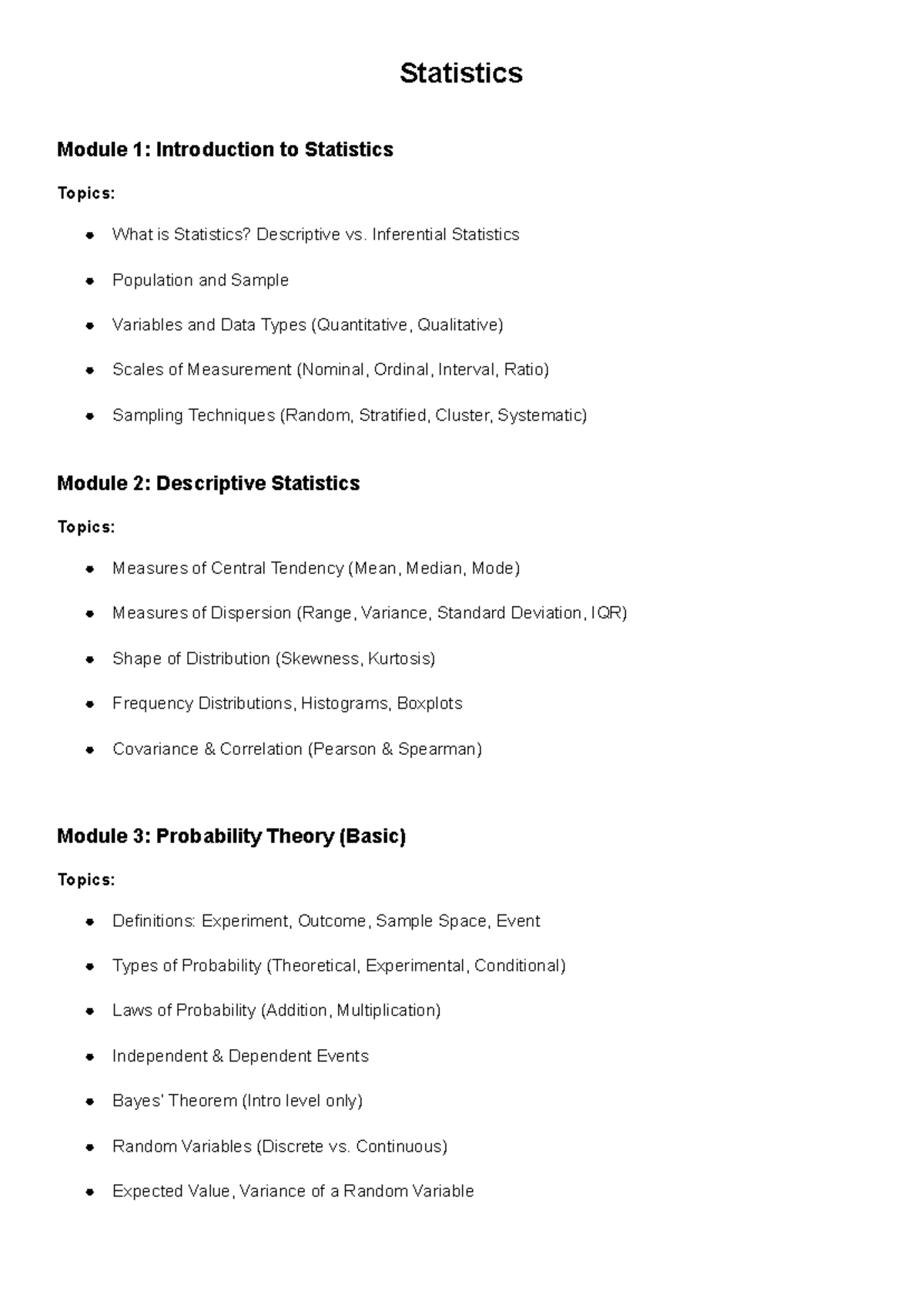 Statistics Syllabus DB: Intro to Stats, Descriptive Stats & Probability ...