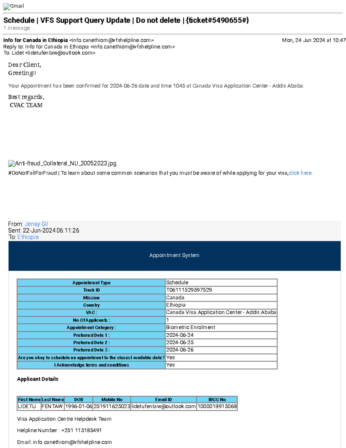 VFS Support Query Update: Appointment Confirmation for Ticket#5490655 ...