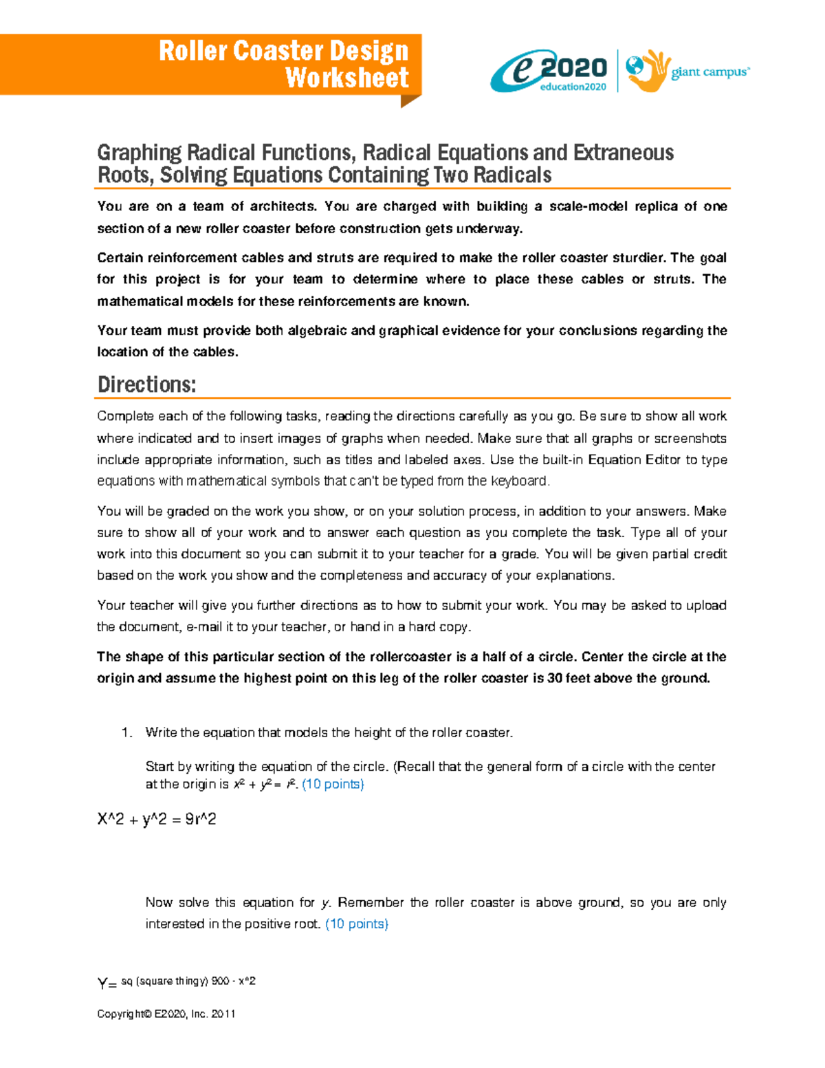 Ptw Roller Coaster Design Worksheet: Graphing Radicals & Equations ...