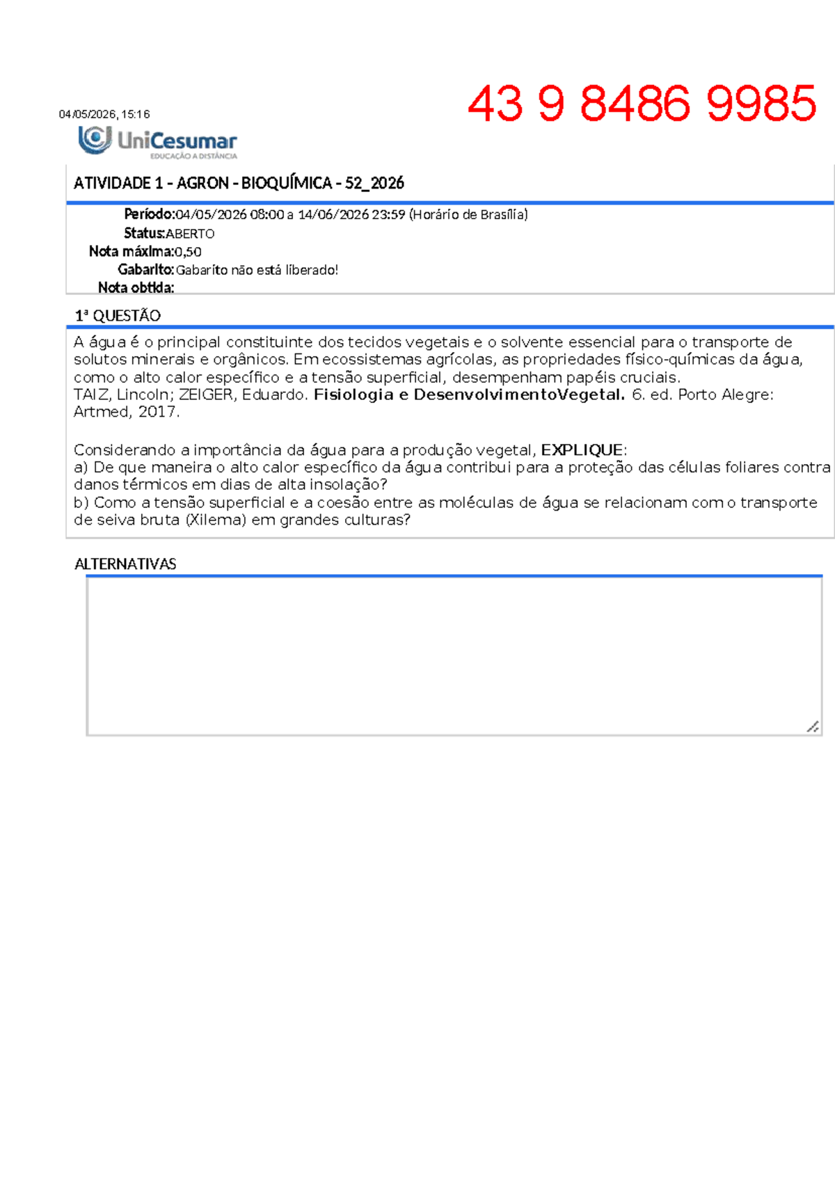 Atividade 1 - Bioquímica Agronômica (43)9.8486 9985 - Gabarito ...