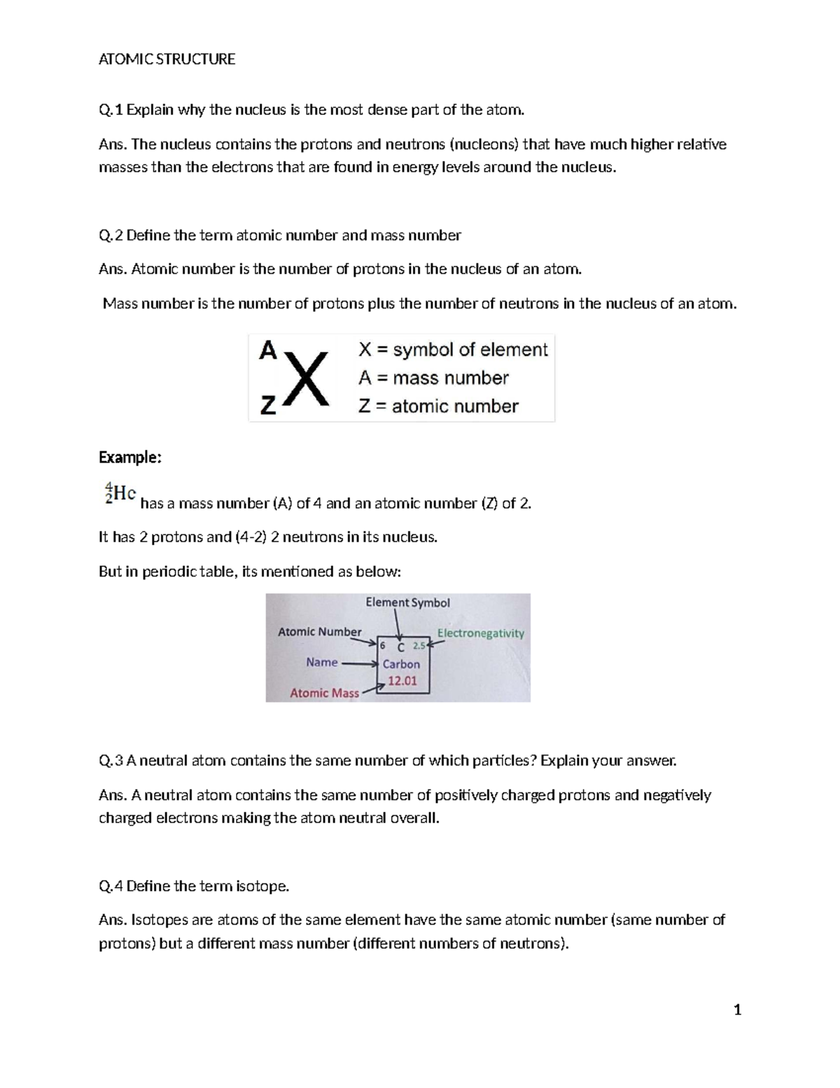 Atomic Structure Notes: Key Concepts and Definitions - Studocu