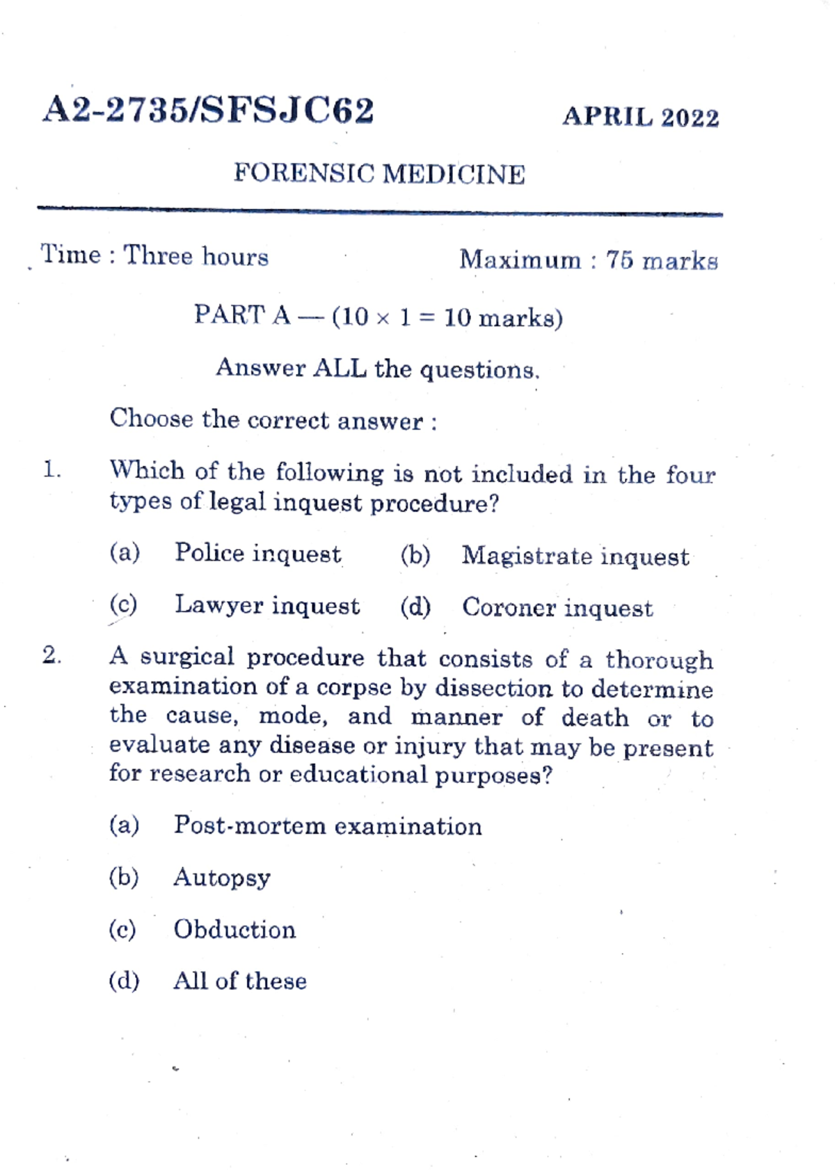 Forensic Medicine Sample Questions: A2-2735/SFSJC Final Exam Prep - Studocu