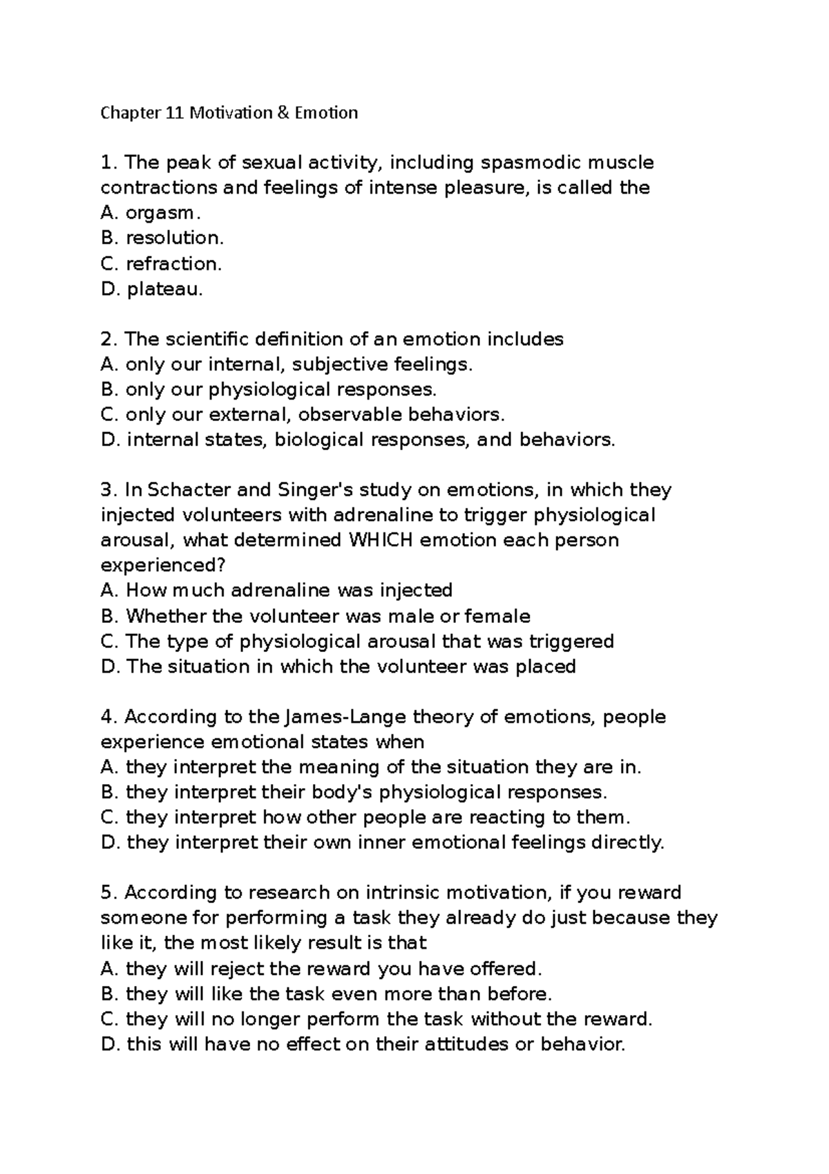 Motivation and Emotion Study Questions - Chapter 11 Motivation Emotion ...