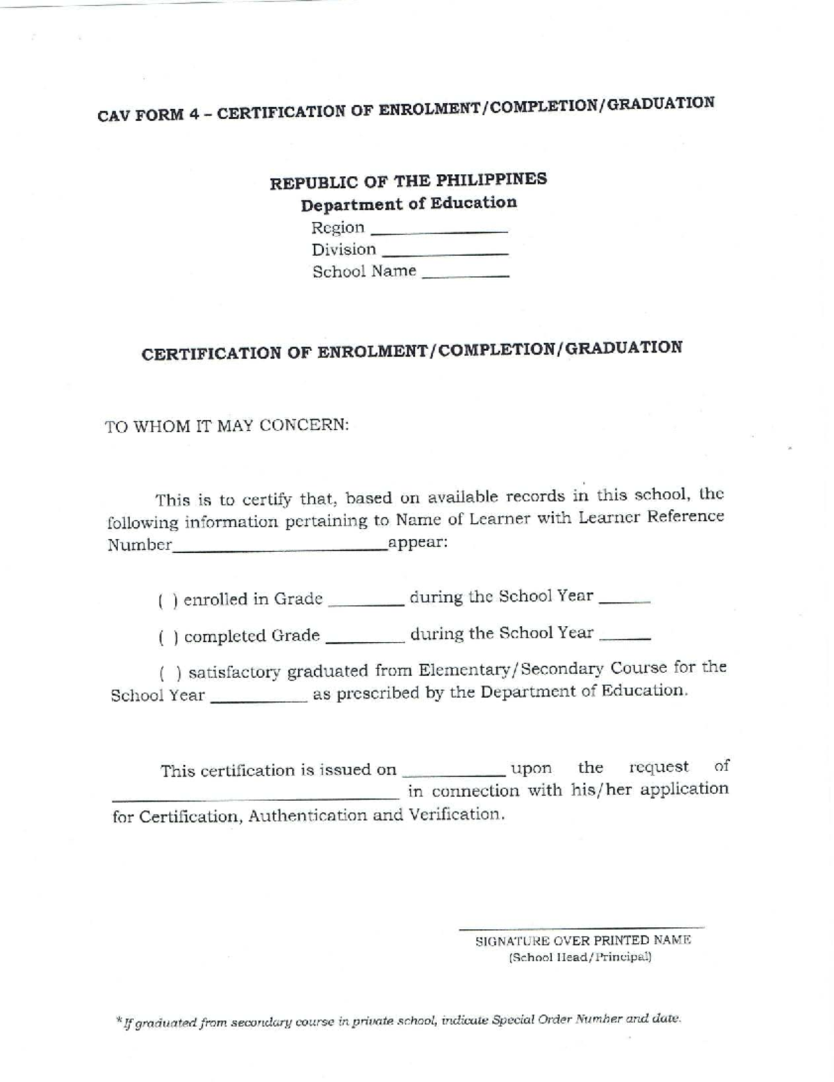 CAV FORM 4 Certification for Learner Enrollment & Graduation Records ...