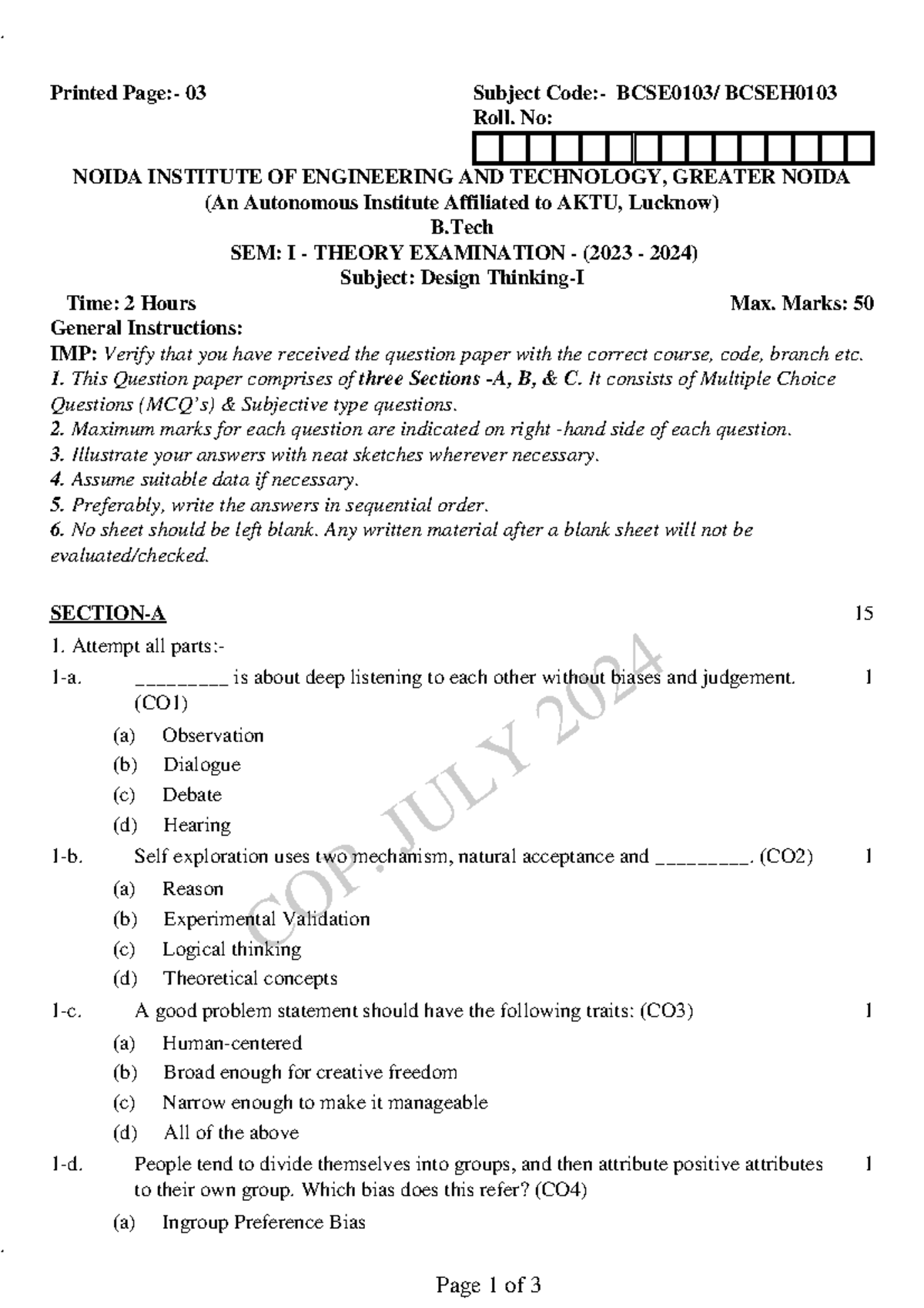BCSEH0103 - Design Thinking I - Theory Exam Question Paper (2023-24 ...