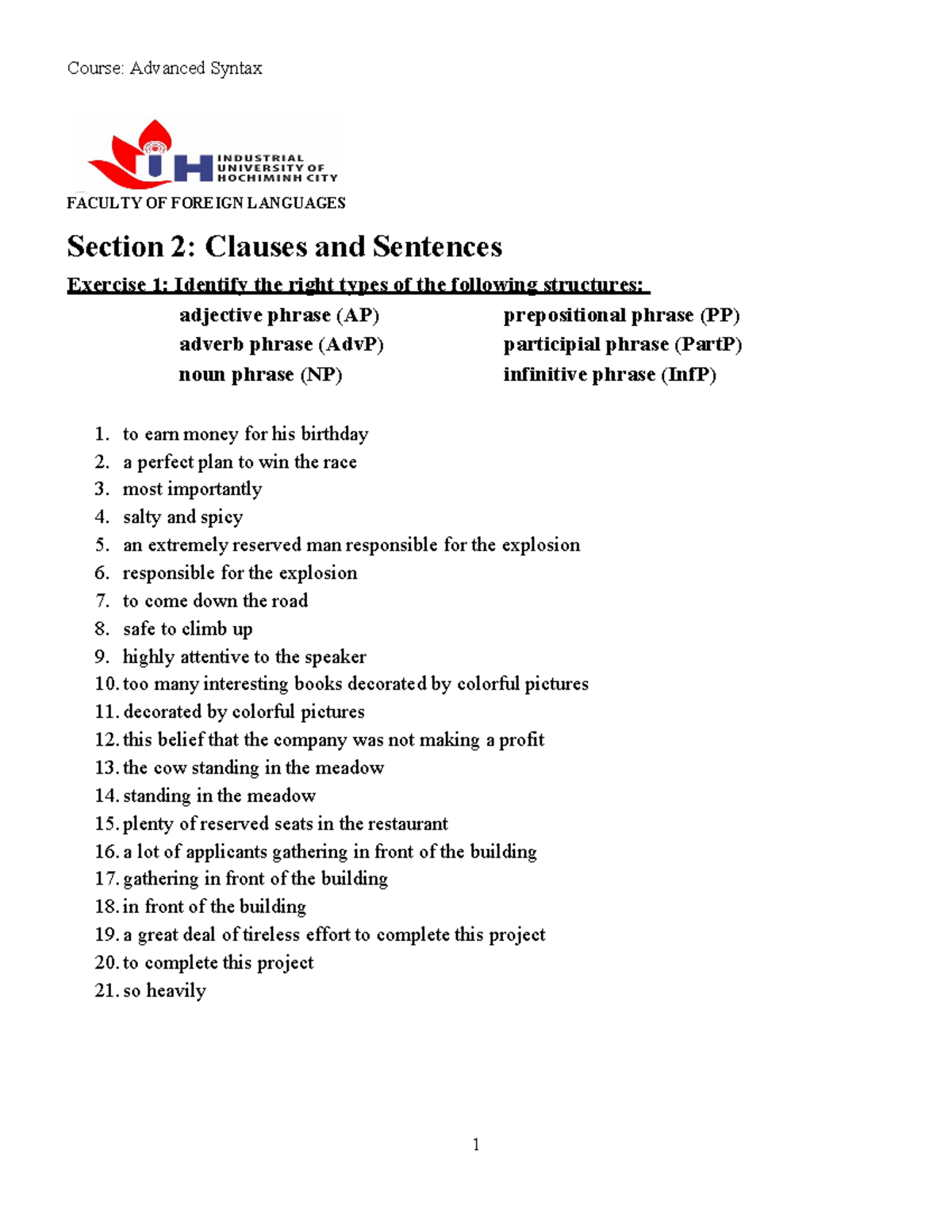 Advanced Syntax Assignment 1: Identifying Phrase Types - Studocu
