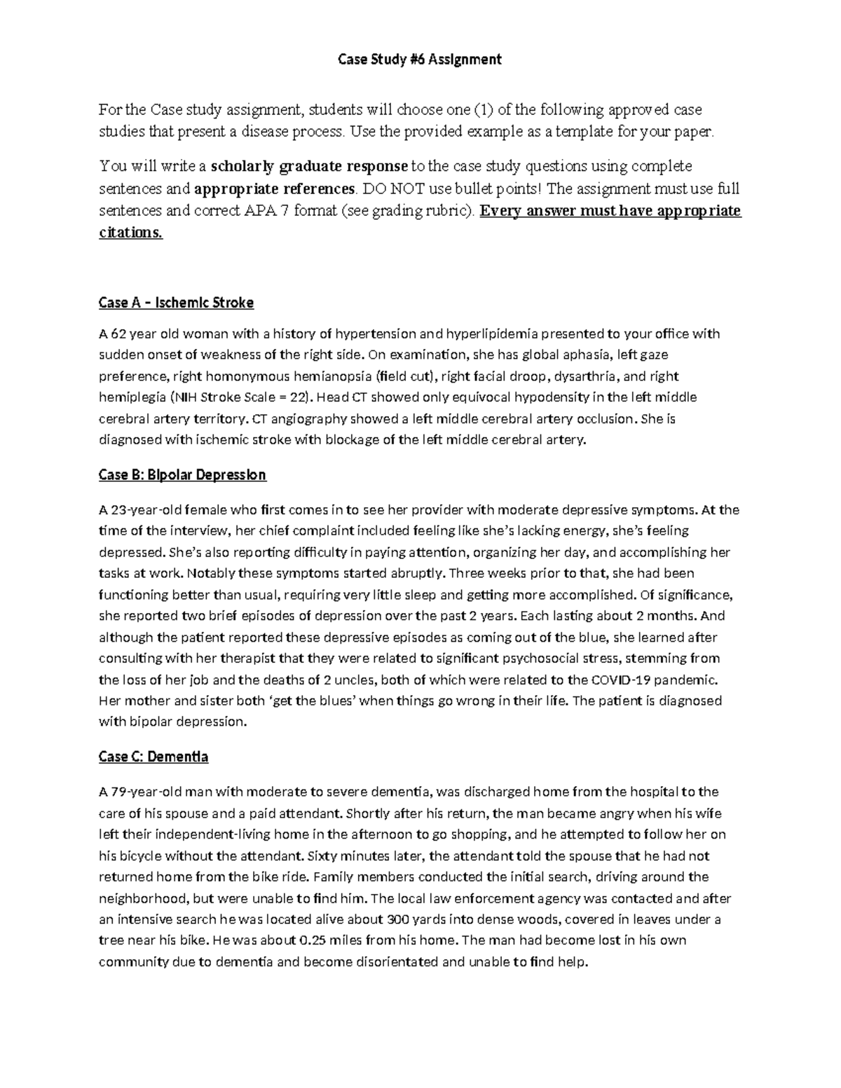 Case Study #6: Ischemic Stroke, Bipolar Depression & Dementia Analysis - Studocu
