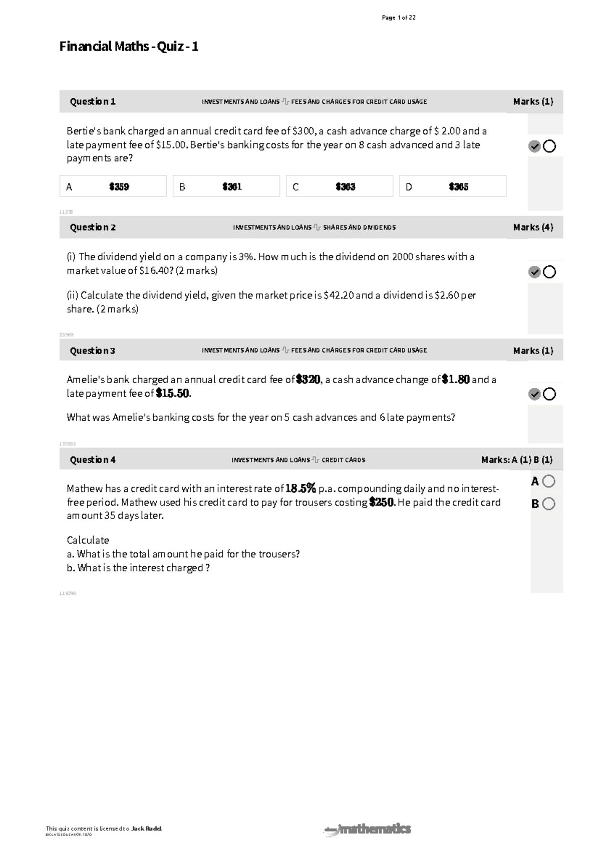 Financial Maths Quiz 1 (EDU 2020) - Investments & Loans - Studocu