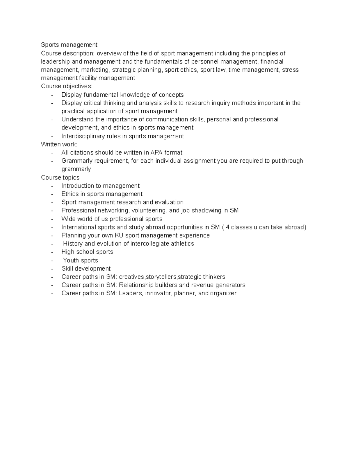 Untitled document - cncs - Sports management Course description ...