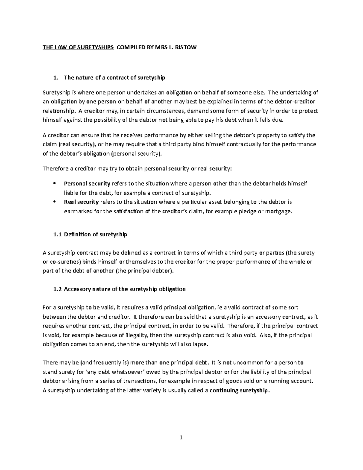 Suretyship Study Guide - THE LAW OF SURETYSHIPS COMPILED BY MRS L ...