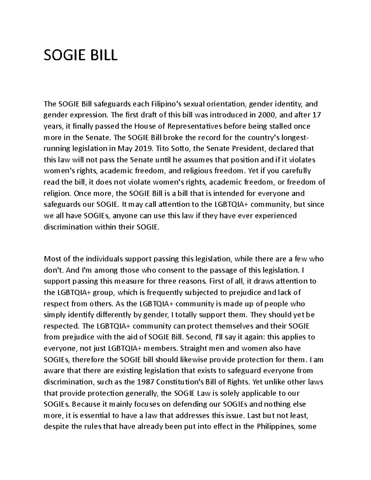 Sogie Bill Position Paper - SOGIE BILL The SOGIE Bill safeguards each ...