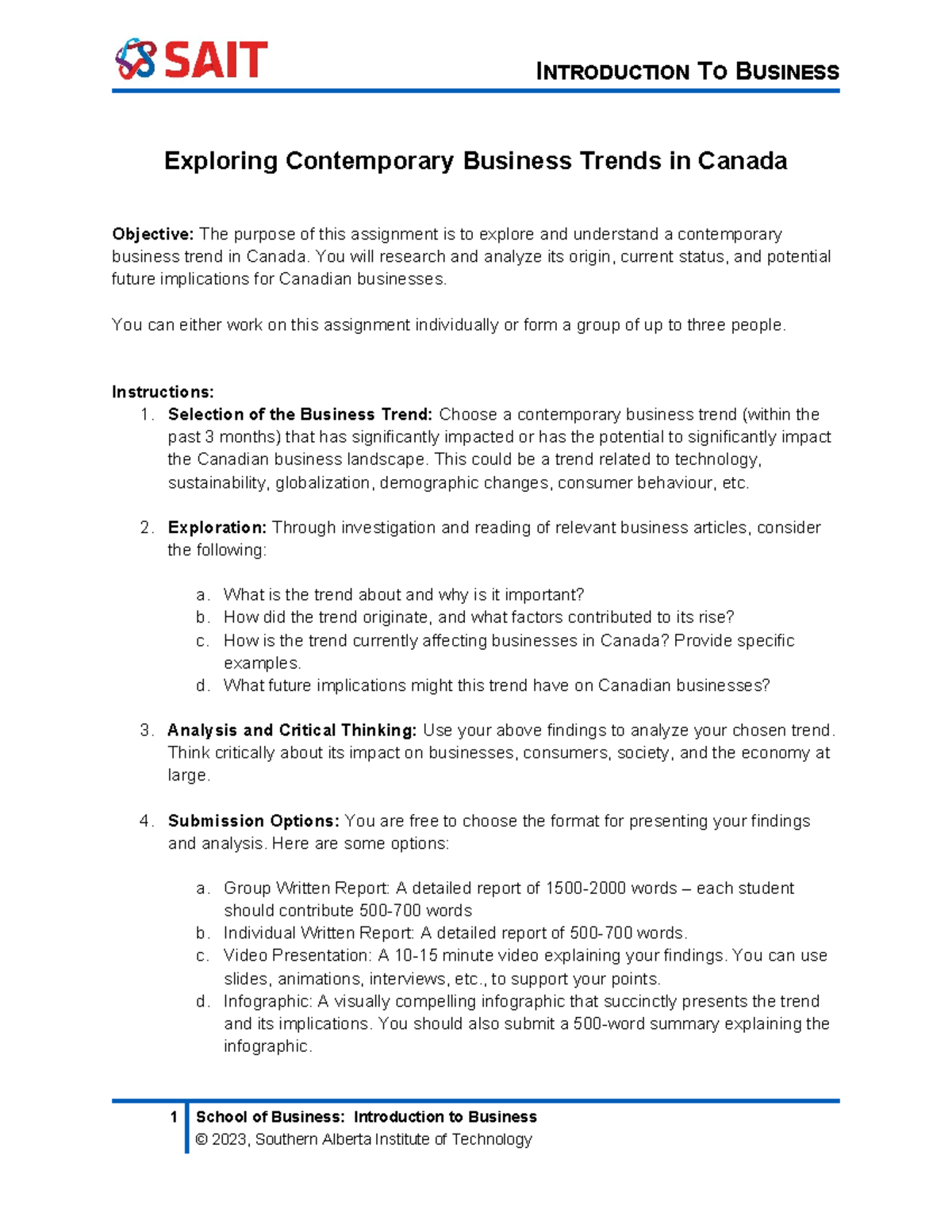 BUS 1010: Exploring Contemporary Business Trends in Canada (Final ...