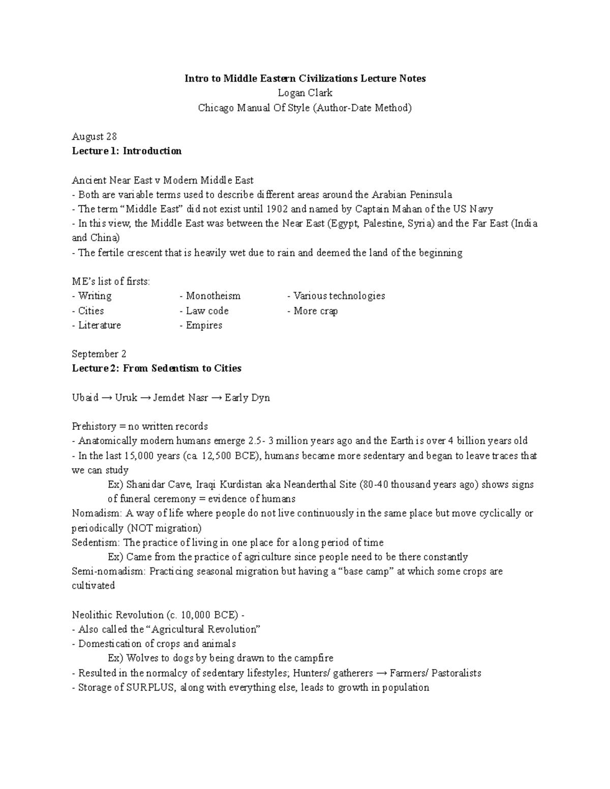 Intro to Middle Eastern Civilizations Lecture Notes (MEC 101) - Studocu