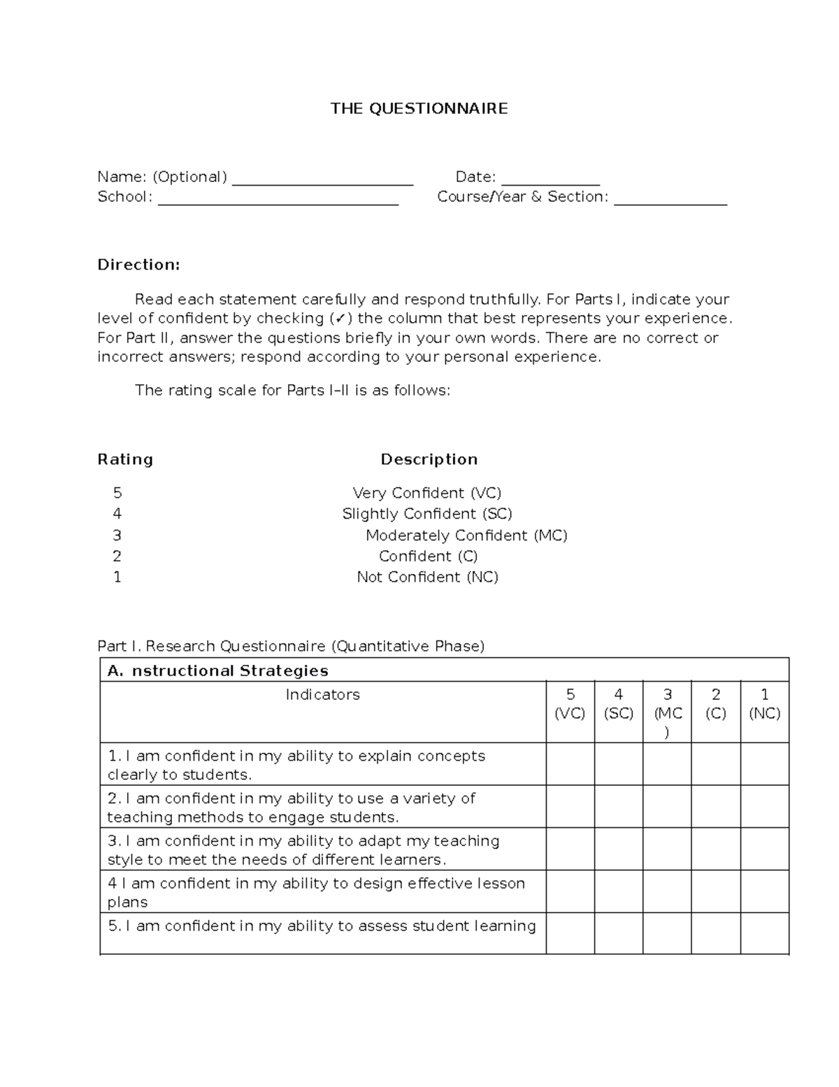 Survey Questionnaire for Reporting: Confidence in Teaching Strategies ...