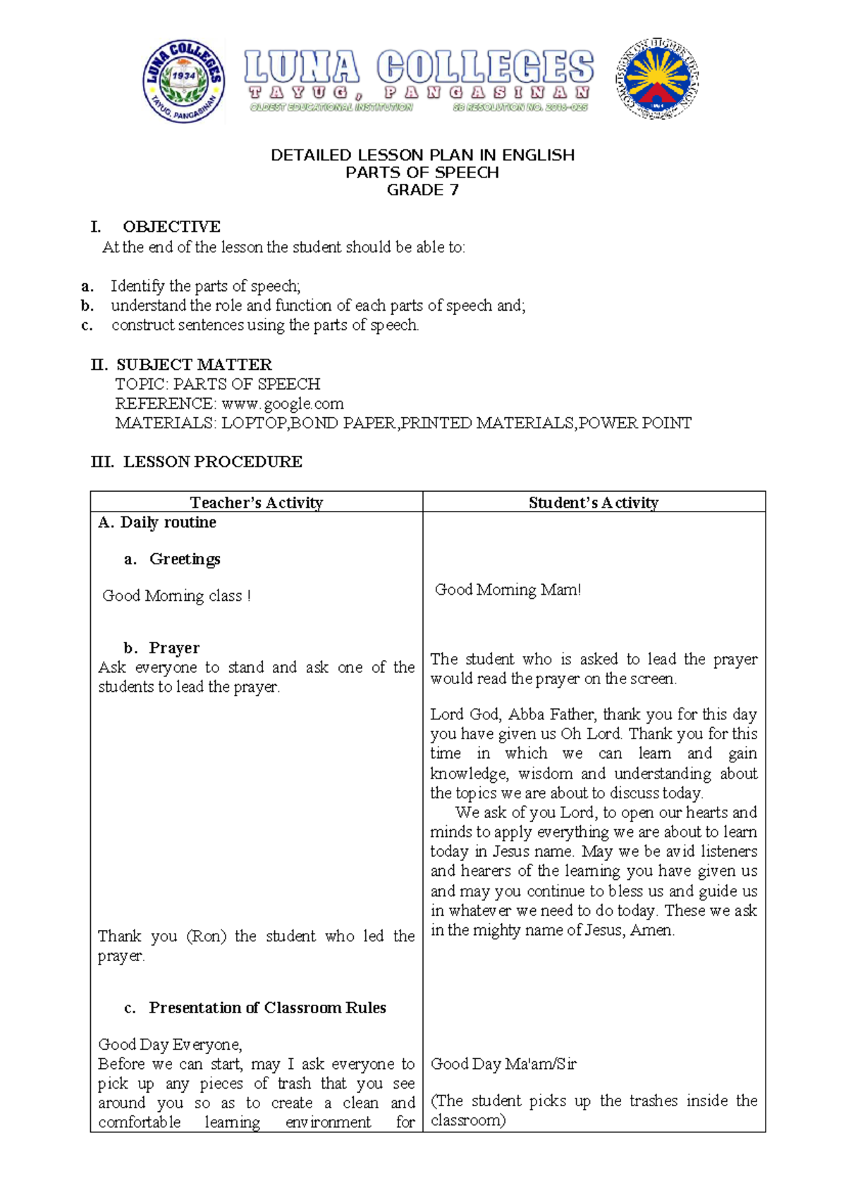 Detailed Lesson Plan: Parts of Speech for Grade 7 (ENG 101) - Studocu