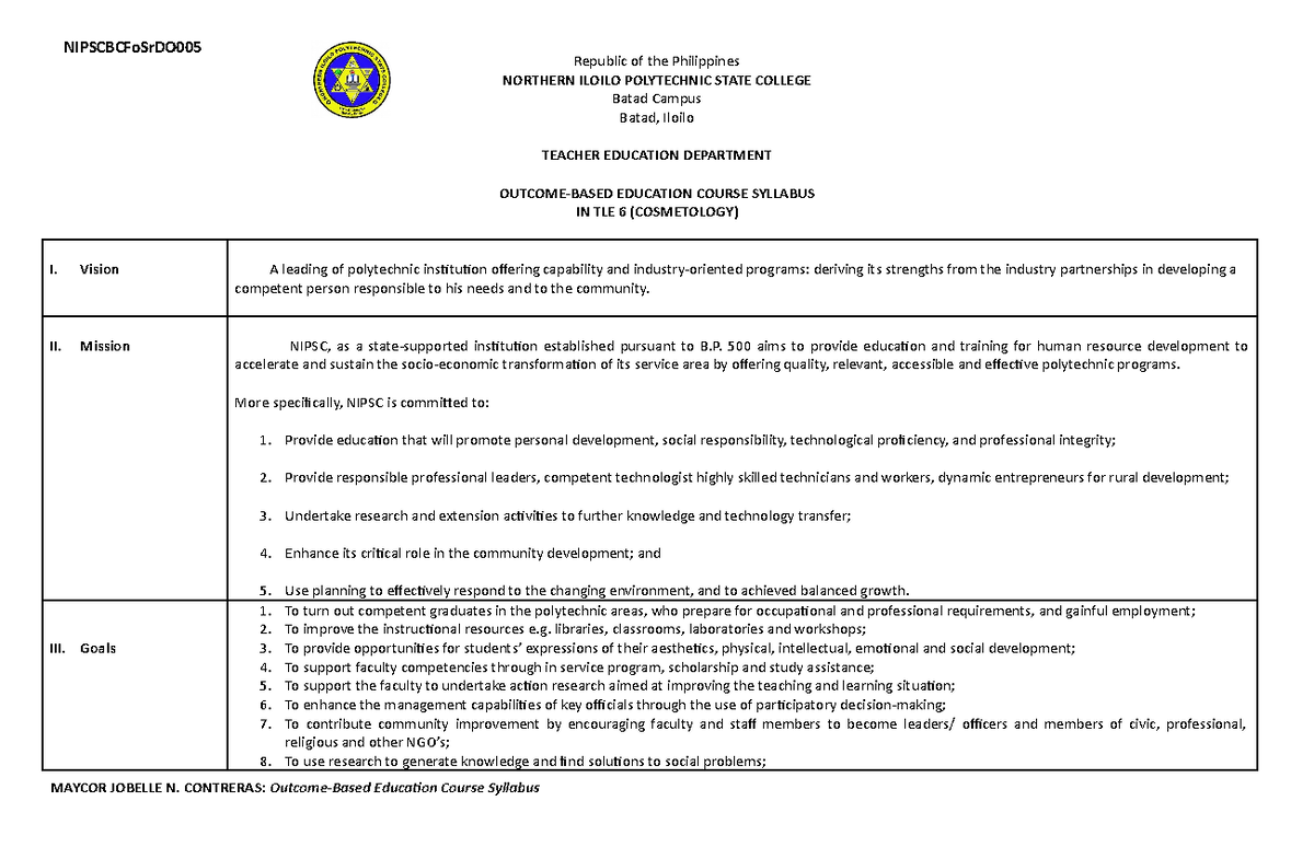Syllabus for TLE 6: Cosmetology at NIPSC Batad Campus - Studocu