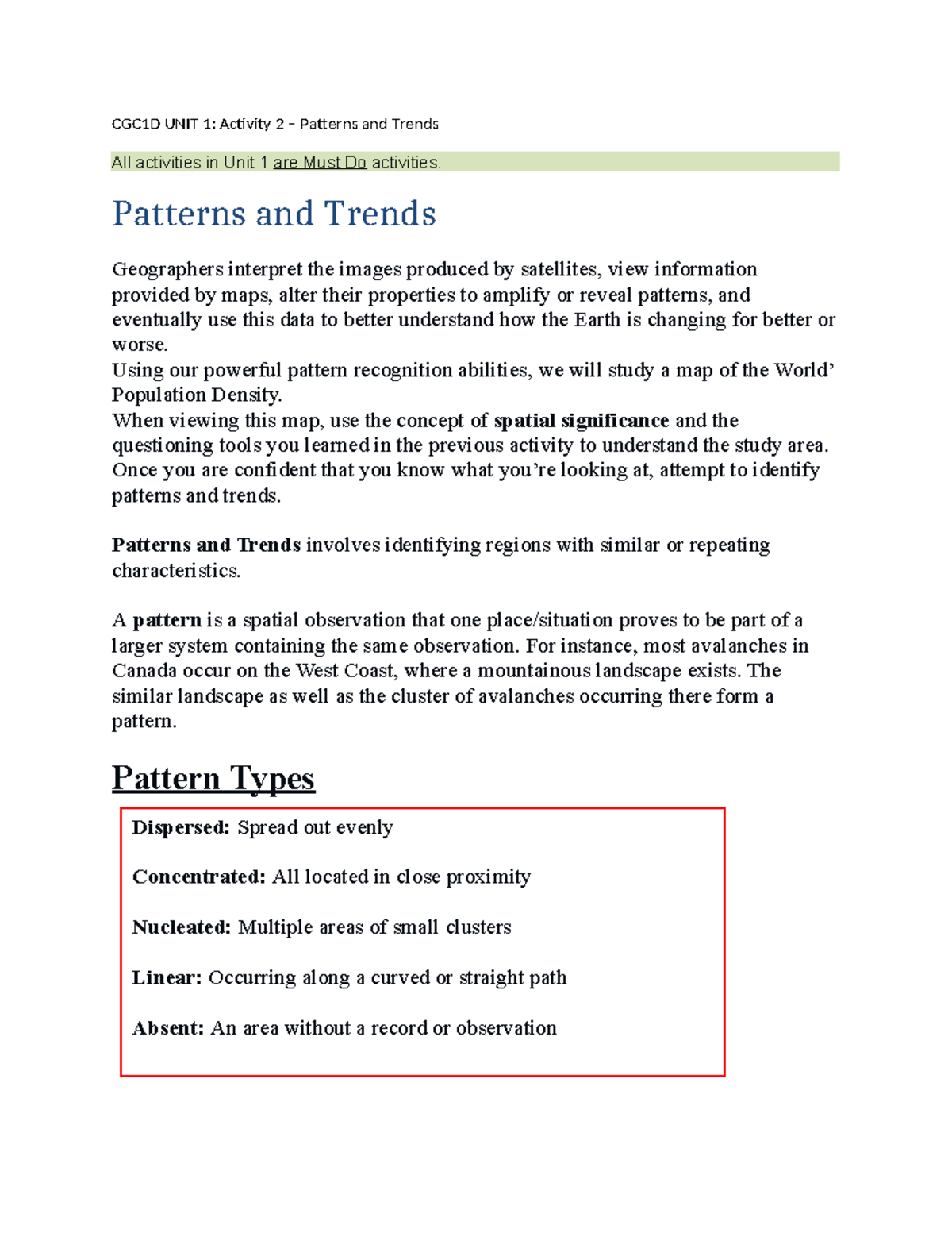 CGC1D U1 A2: Patterns and Trends in Population Density Analysis - Studocu