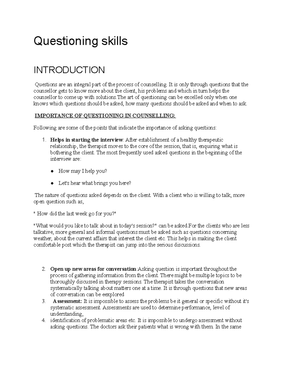 Counselling 101: Essential Questioning Skills Notes-1 - Studocu
