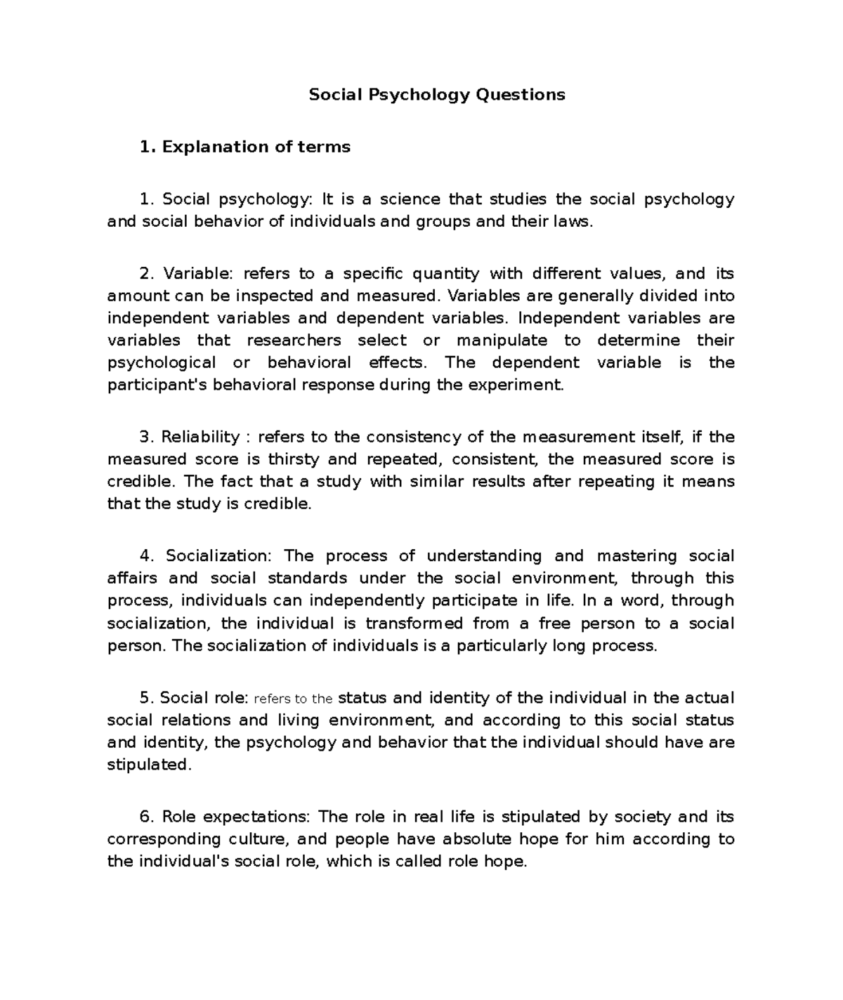 Social Psychology Questions and Key Concepts - PSYC206 - Studocu