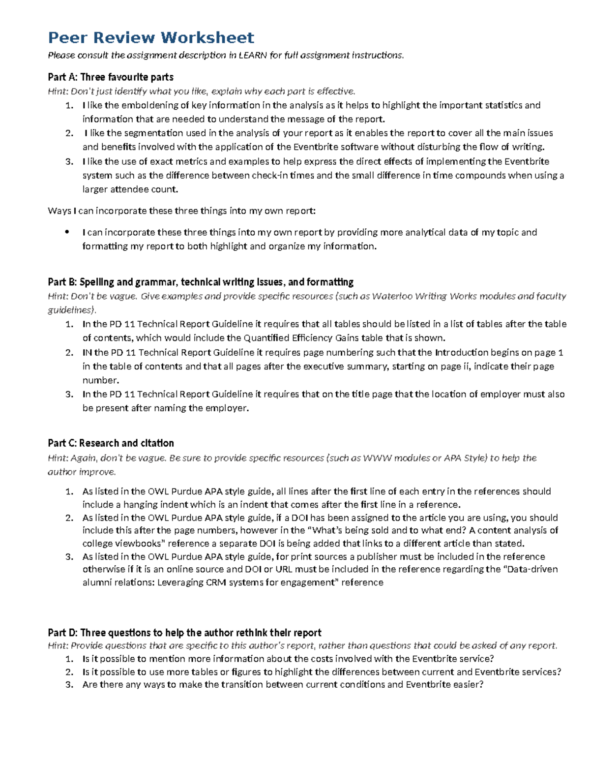 Peer Review Worksheet for PD 11 Technical Report - Studocu