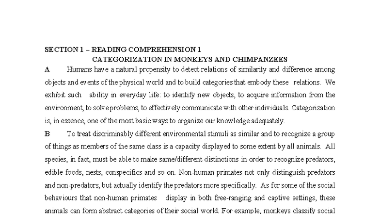 Reading Exercises - READING COMPREHENSION on Primates & Marine Life ...