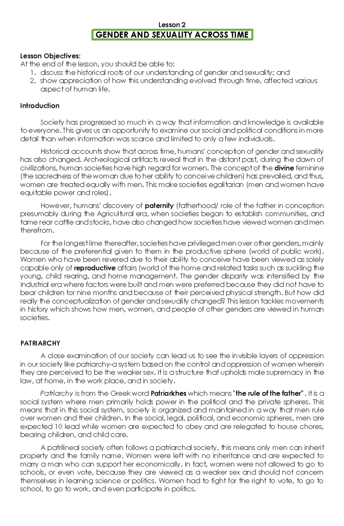 Lesson 2 - Gender and Sexuality Throughout History - Studocu